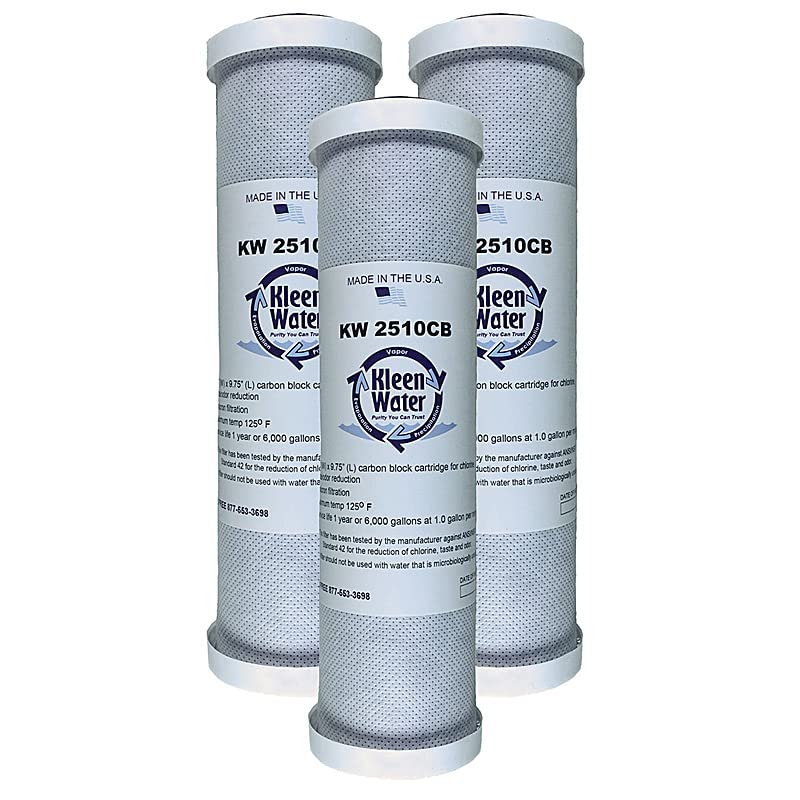 KleenWater Filter Compatible with GE GXWH04F, GXWH20F, GXWH20S & GXRM10, KleenWater KW2510CB Carbon Block Replacement Cartridge, Set of 3, Includes (1) O-Ring