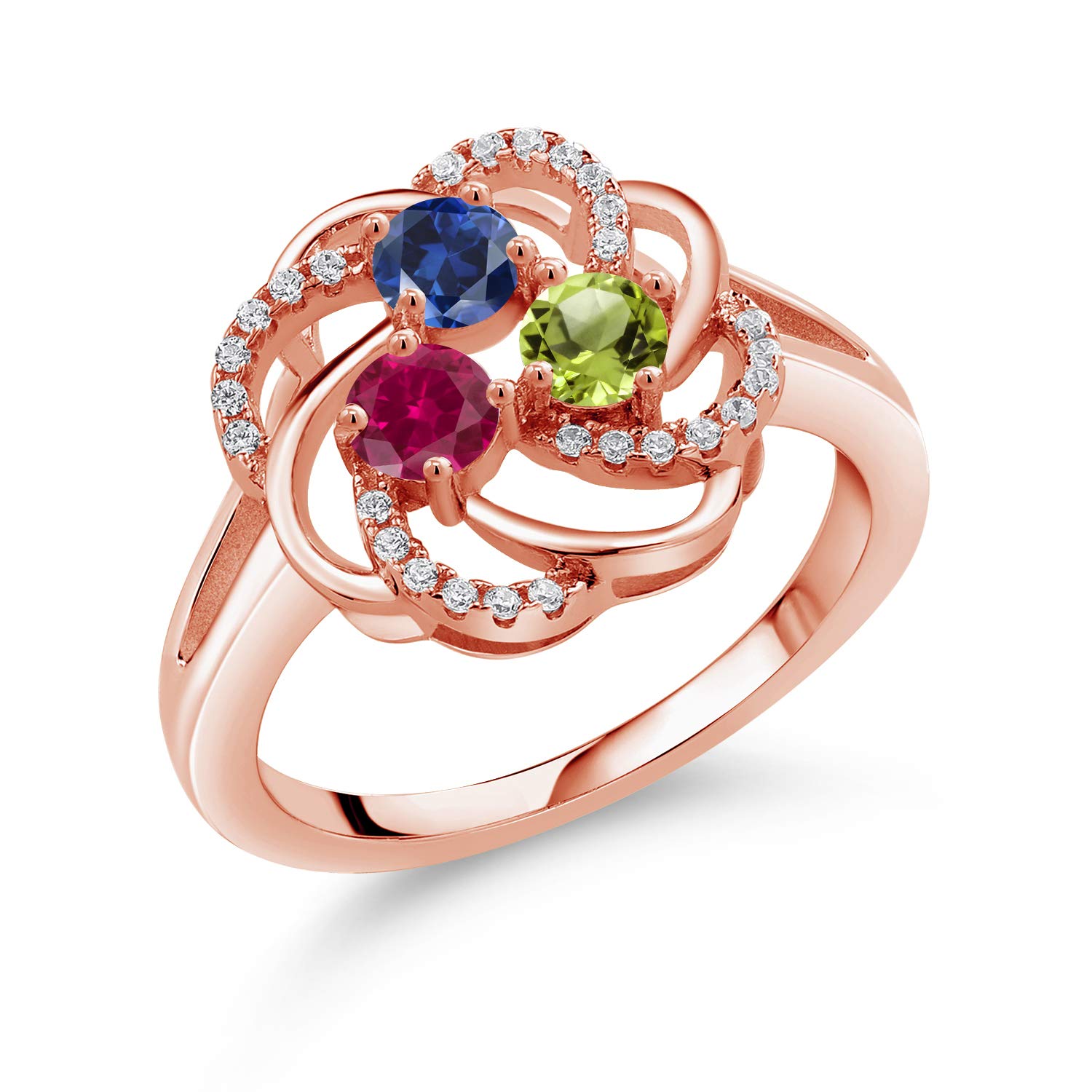 Gem Stone King Customized and Personalized Build Your Own 3-Stone Birthstones White Created Sapphire 18K Rose Gold Plated Silver Ring (Size 8)