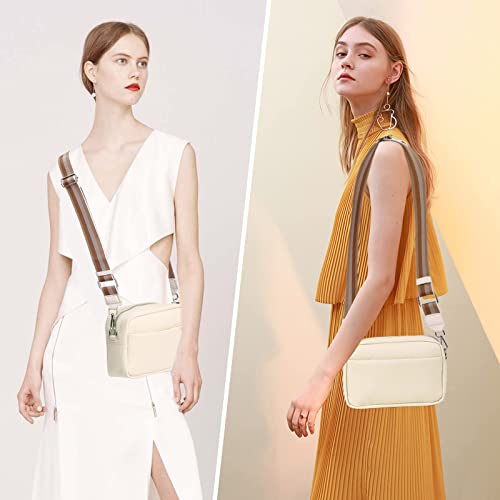 Efilra Crossbody Bag for Women, Small Leather Camera Purse Thick Strap Cross-body Bags, Triple Zip Shoulder Handbag with Guitar Strap, Beige