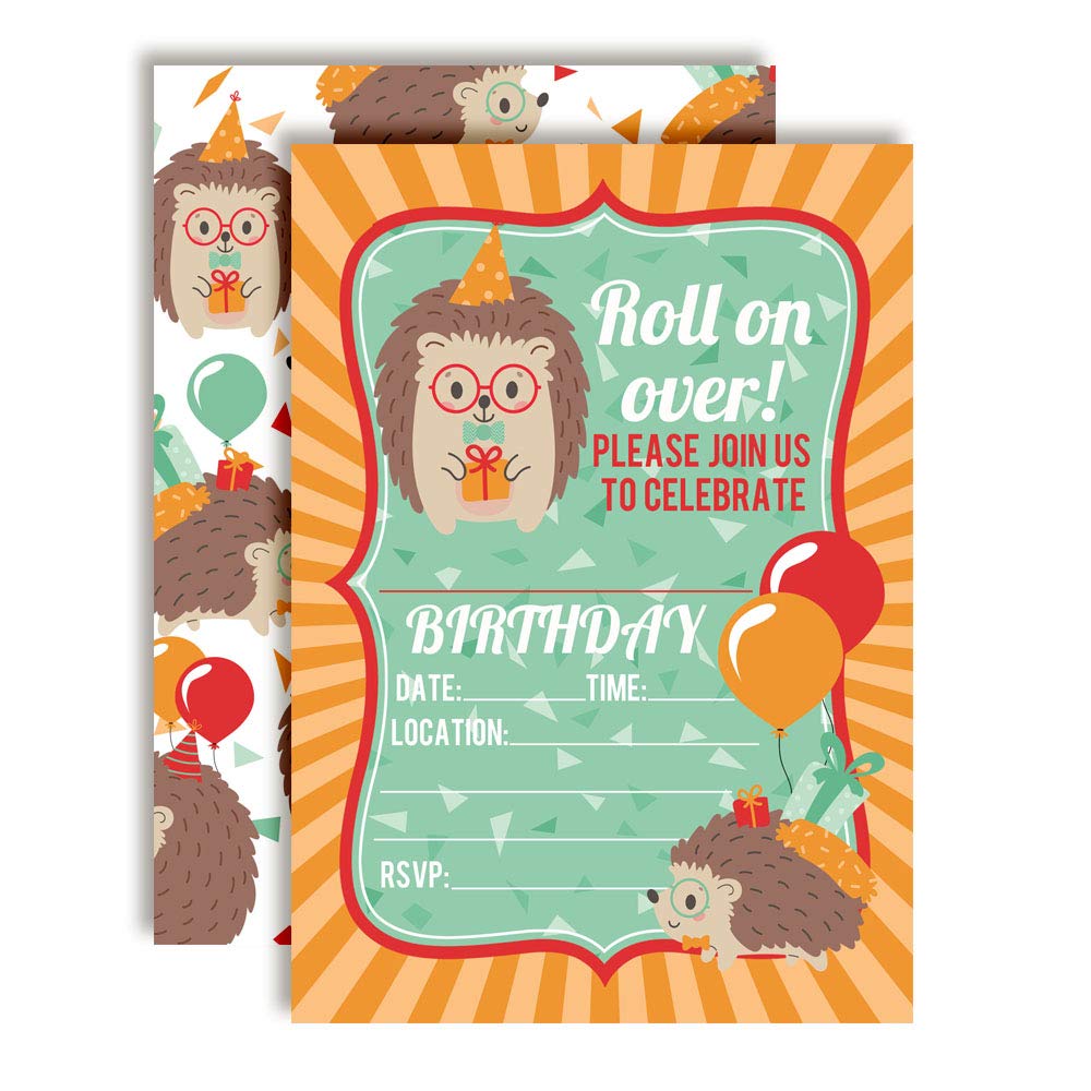 Roll On Over Cute Hedgehog Themed Birthday Party Invitations for Kids, 20 5x7 Fill In Cards with Twenty White Envelopes by AmandaCreation