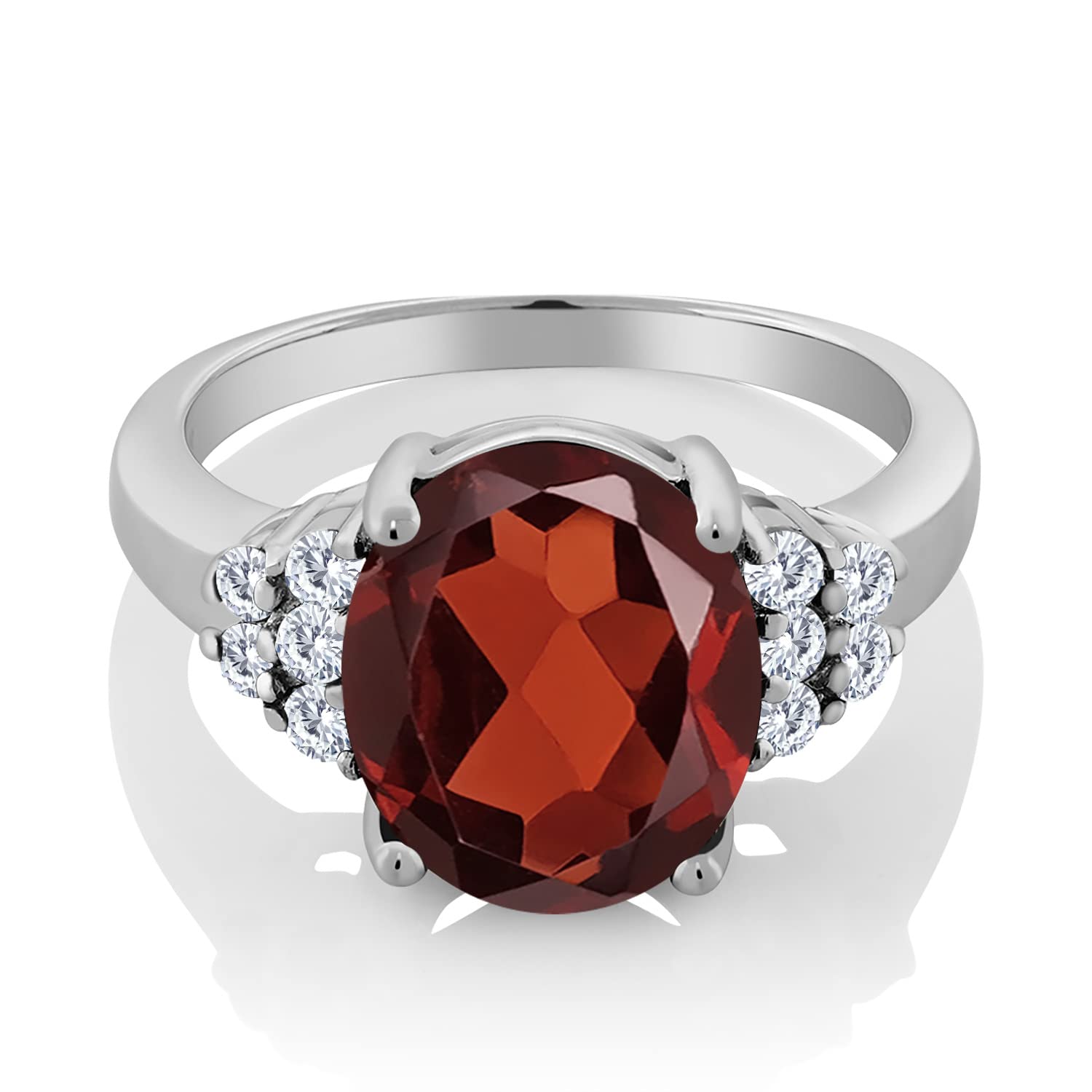 Gem Stone King 925 Sterling Silver Oval Red Garnet and White Moissanite Ring For Women (5.88 Cttw, Gemstone Birthstone, Available In Size 5, 6, 7, 8, 9)