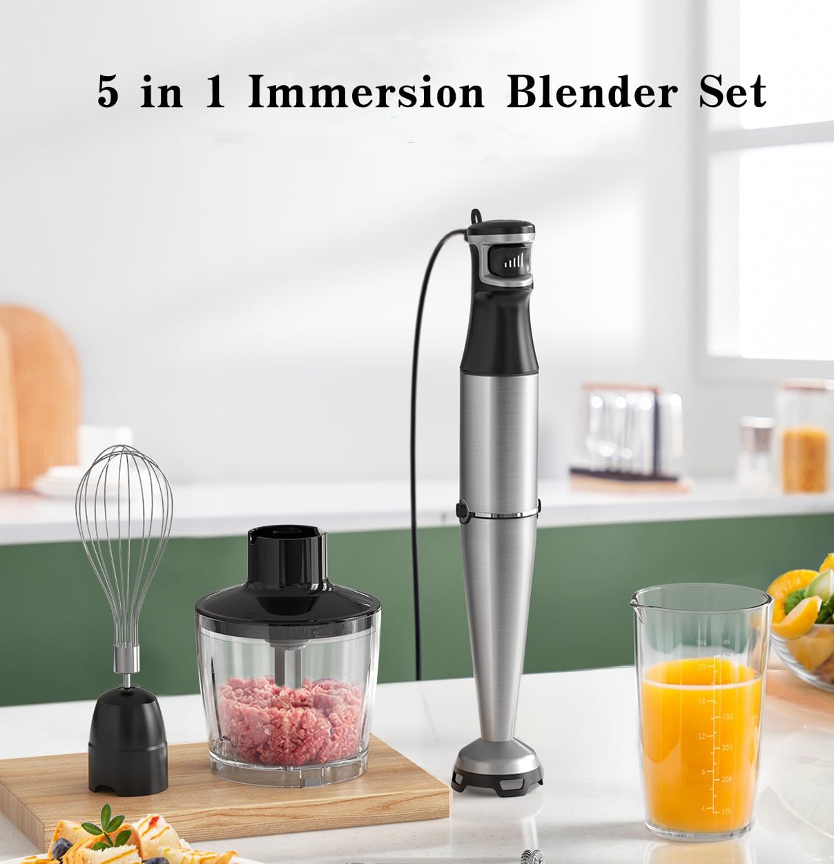 Immersion Blender Handheld 1000W 5 in 1 Hand Blender Trigger Control Speed Stick Blenders Emulsion Blender Handheld for Kitchen with 600ml Beaker, 500ml Chopper, Whisk and Frother