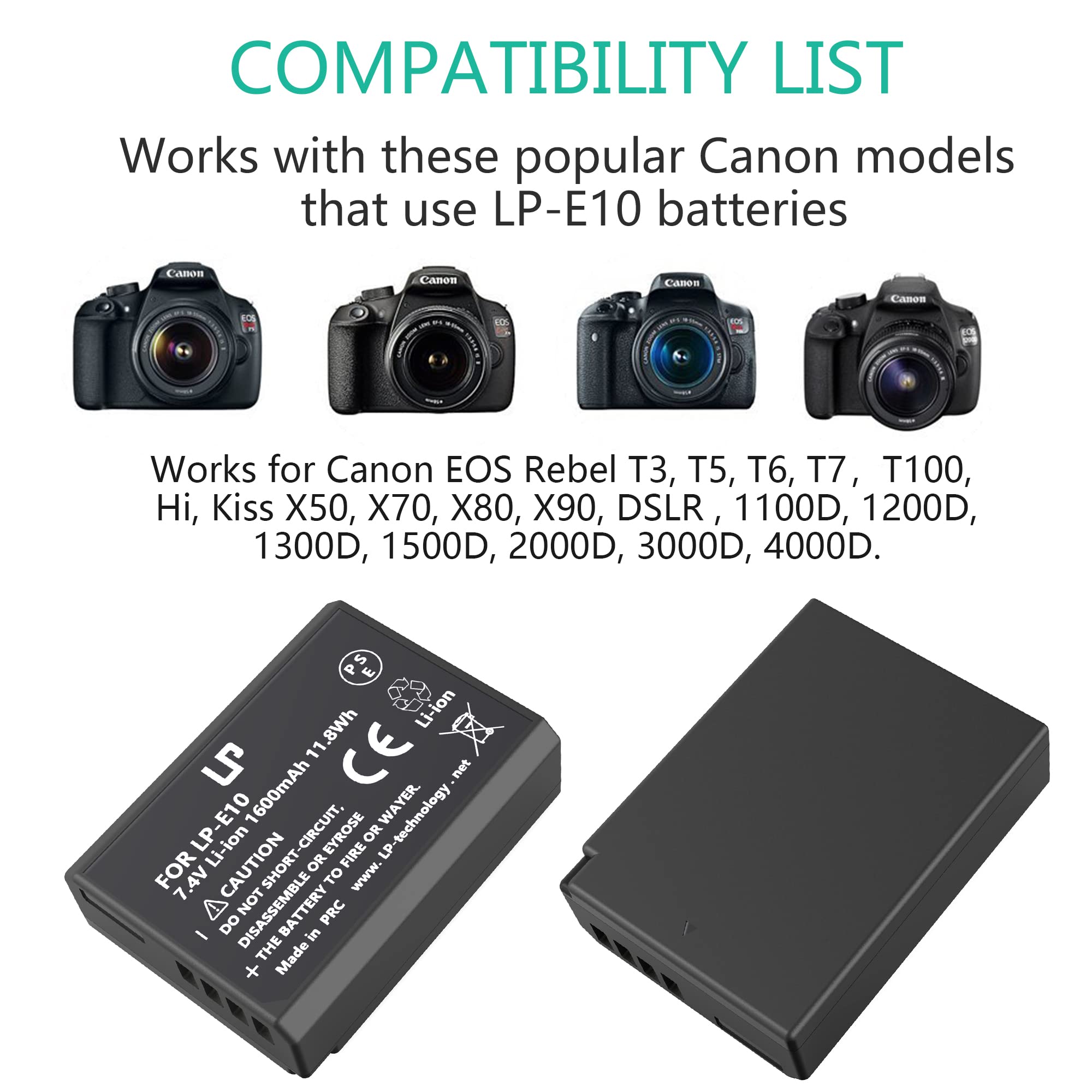 LP-E10 Battery Charger Pack, LP Replacement Battery & Charger Compatible with Canon EOS Rebel T7, T6, T5, T3, T100, 4000D, 3000D, 2000D, 1500D, 1300D, 1200D & More (NOT for T3i T5i T6i T7i)
