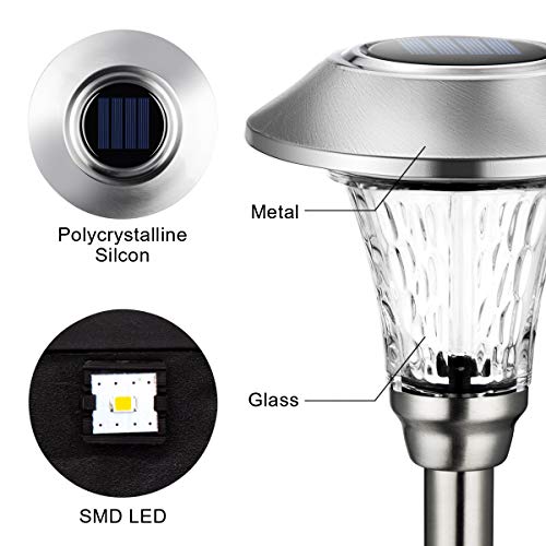 GIGALUMI 8 Pack Solar Pathway Lights, Solar Pathway Lights Outdoor Warm White, Waterproof Glass Stainless Steel Automatic Solar Landscape Lights for Patio, Yard, Lawn, Garden and Path (Silver Finish