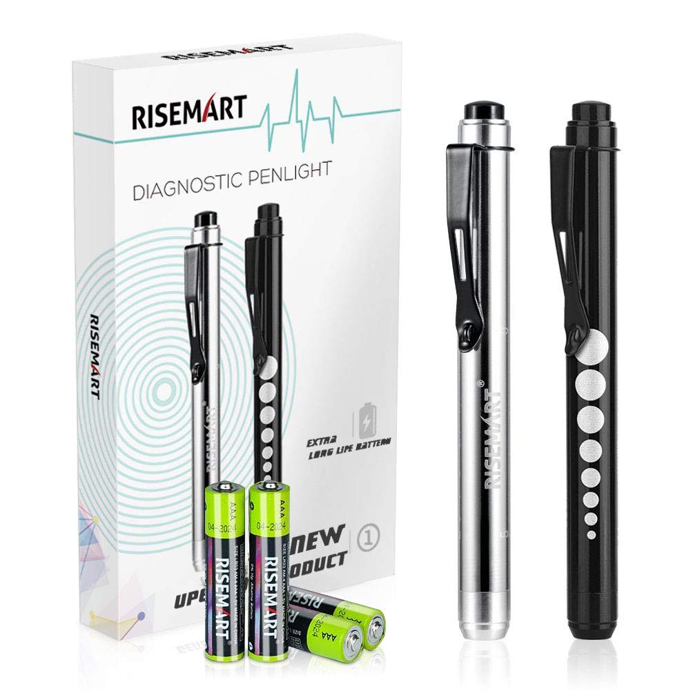 RISEMART Pen Light, Nurse Led Medical Penlight with Pupil Gauge for Nursing Students Doctors Black and Silver with Batteries