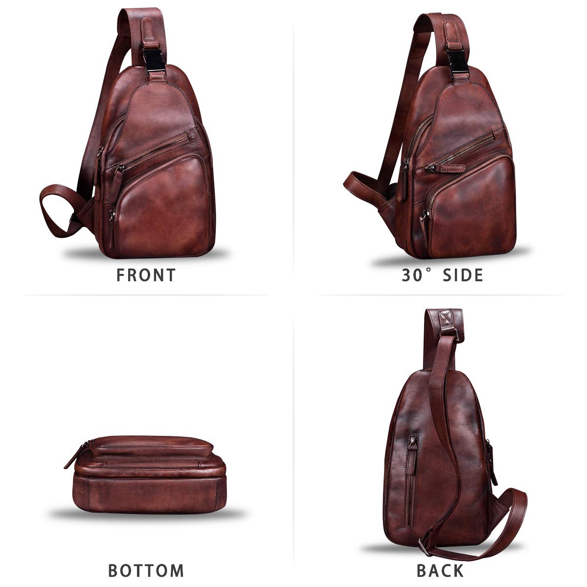 Genuine Leather Sling Bag Chest Shoulder Hiking Backpack Vintage Handmade Crossbody Daypack (Coffee)