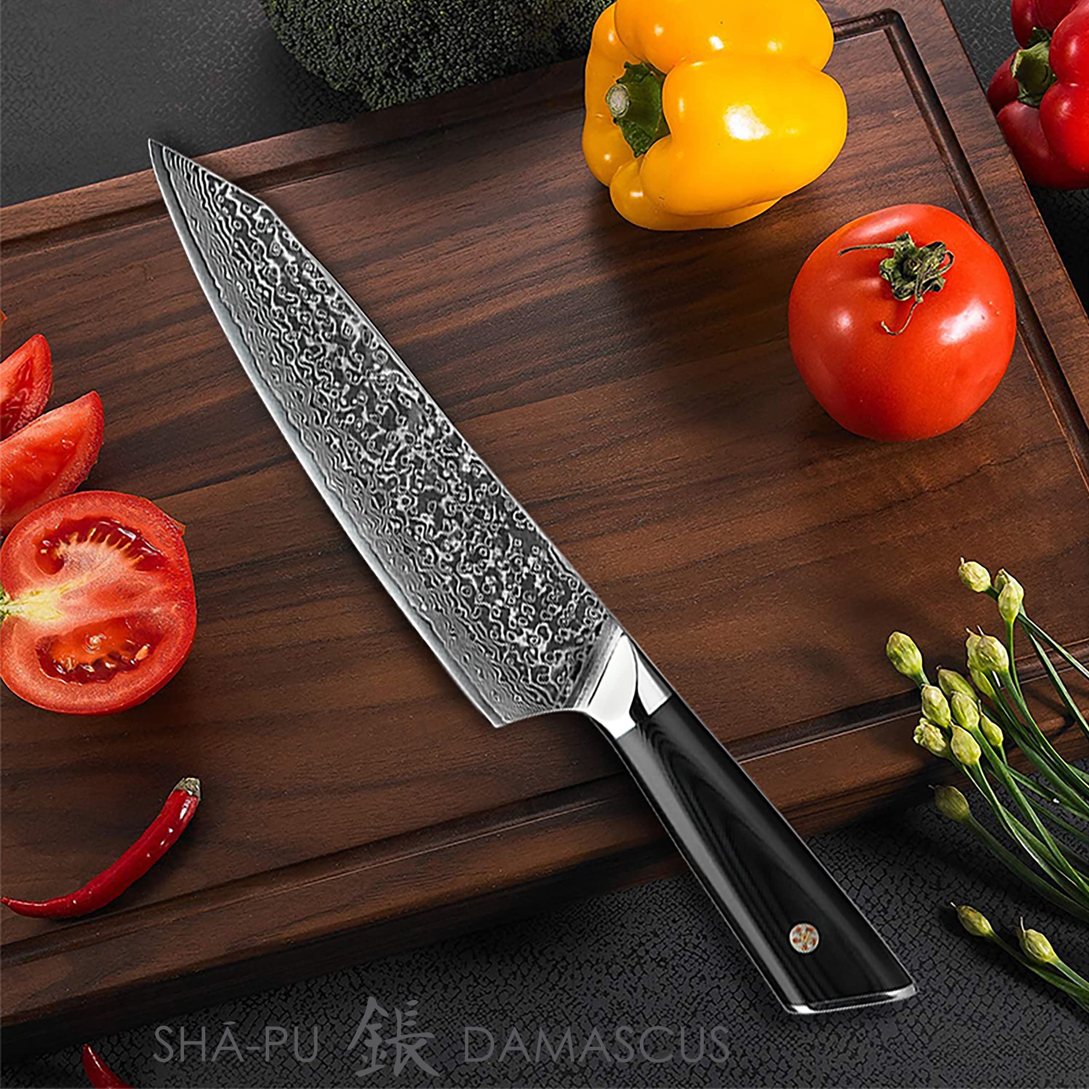 SHA-PU Damascus Steel 6 Piece Kitchen Knife Set including Shears and Wood Block