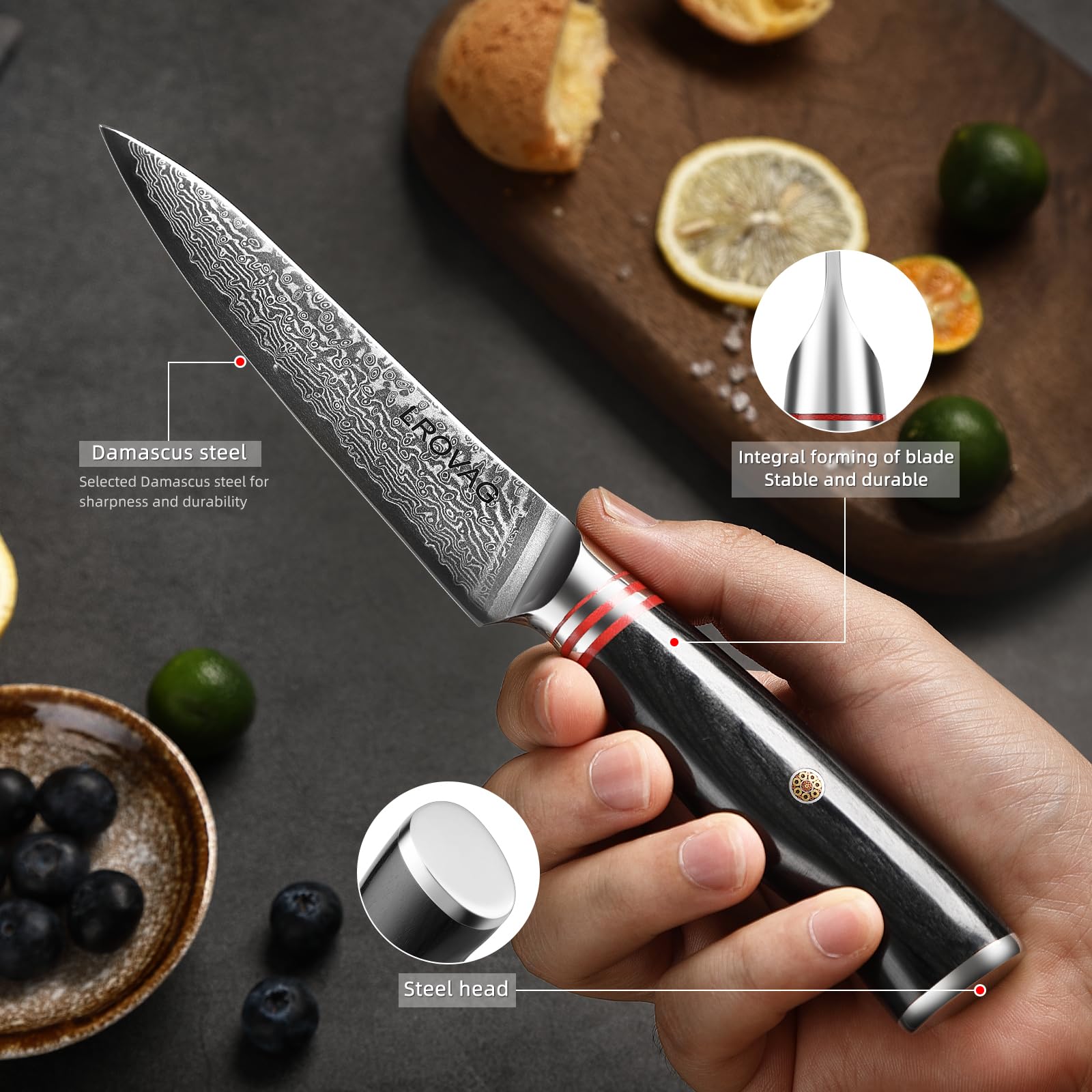 lrovag Utility Kitchen Knife,5 Inch Damascus Paring Knife, Super Sharp High Carbon Stainless Steel Fruit Knife,Multipurpose Chopping Knife, Japan VG10 Steel Core,Premium Gift Box