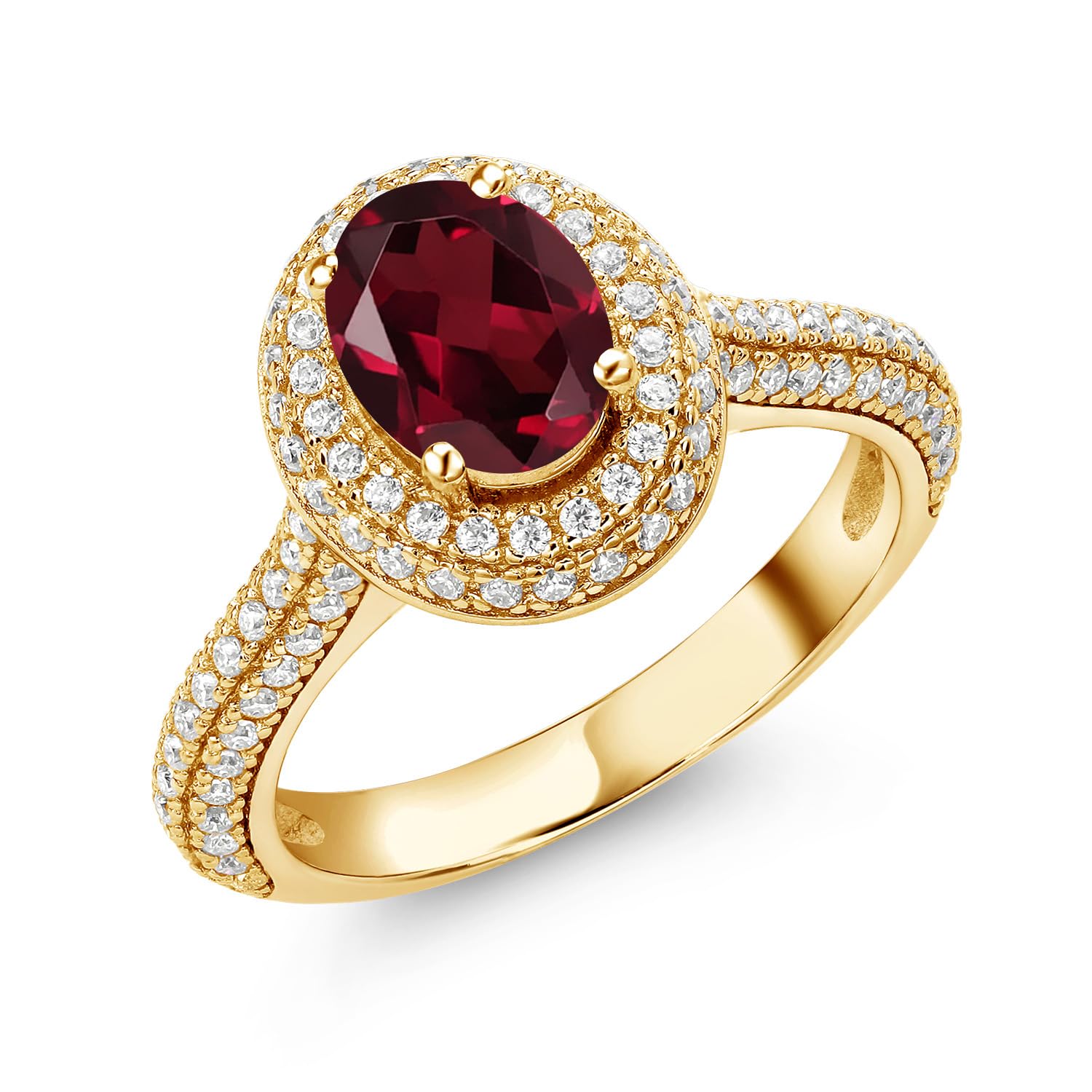 Gem Stone King 18K Yellow Gold Plated Silver 8X6MM Oval Gemstone Birthstone and White Moissanite Halo Engagement Ring | Wedding Anniversary Promise Ring For Women | Size 5,6,7,8,9