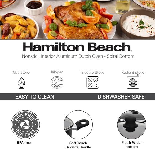 Hamilton Beach Nonstick Covered Stockpot 8-Qt - Black Aluminum Stockpot with Soft Touch Bakelite Handle & Glass Lid - Flared Edge - Spiral Bottom, Multipurpose Use - Durable & Dishwasher Safe