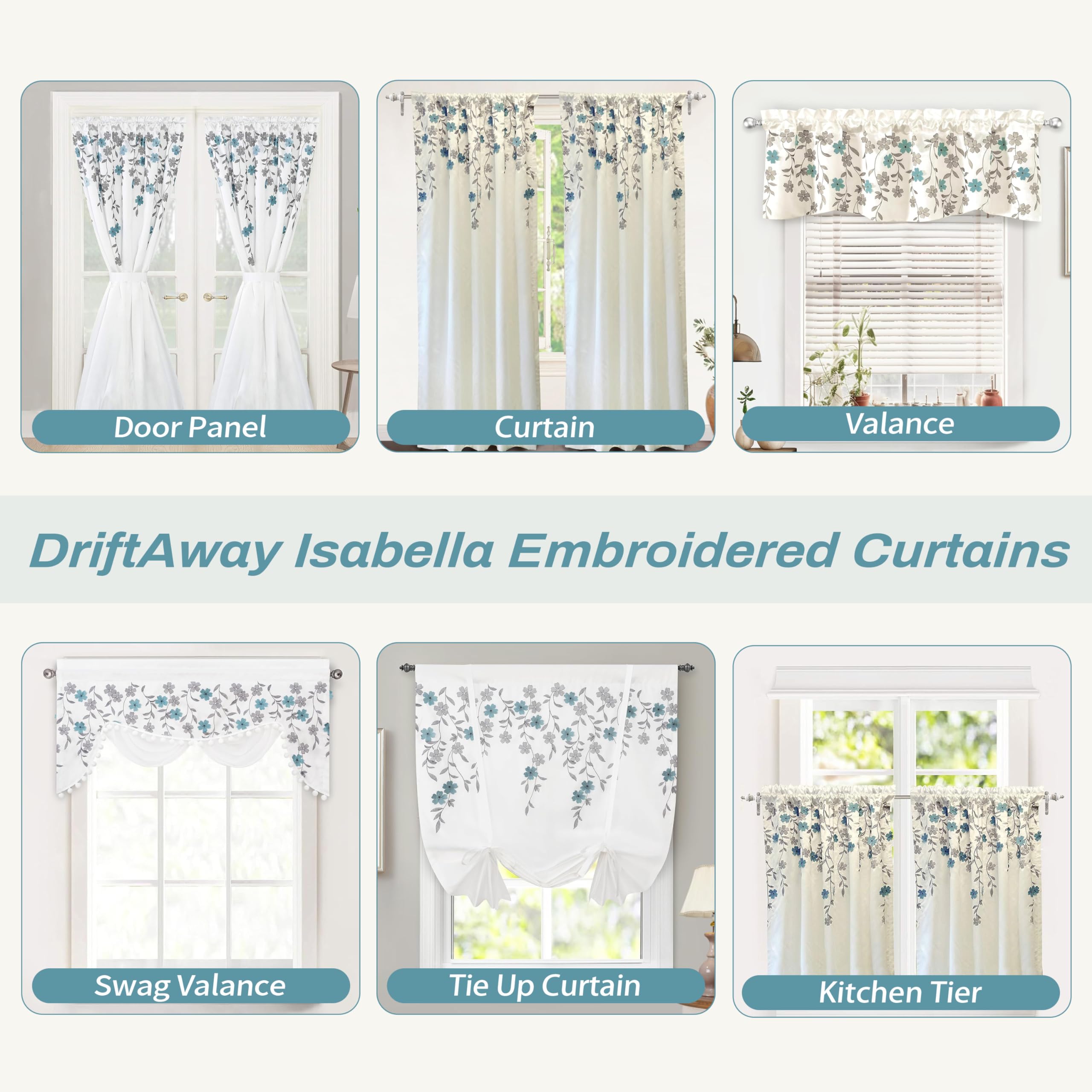 DriftAway Isabella Faux Silk Embroidered Kitchen Swag Valance Embroidered Crafted Flower 2 Pack 60 Inch by 18 Inch Plus 1.5 Inch Header Ivory Blue