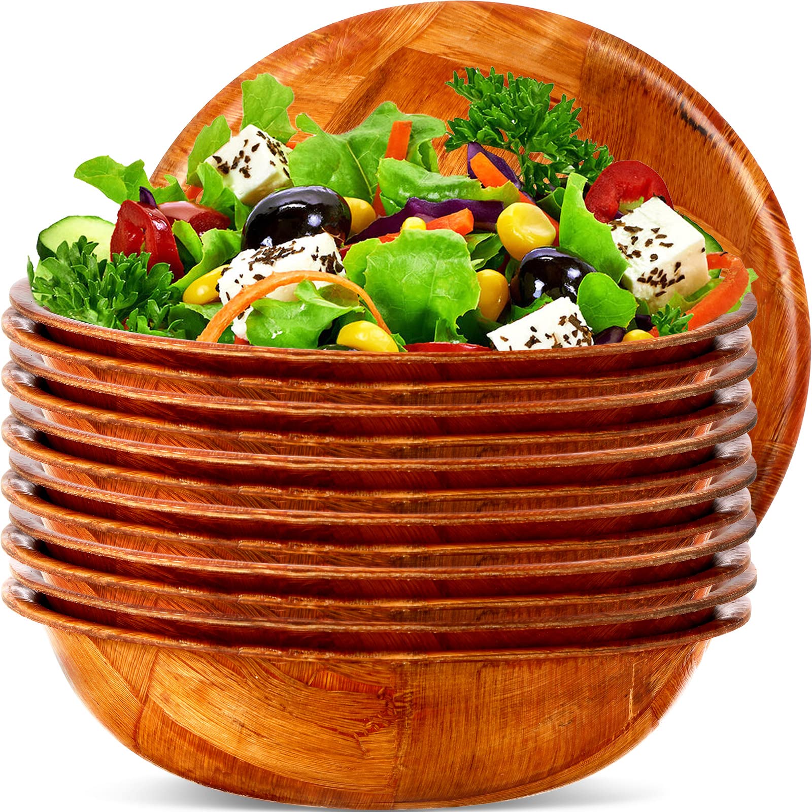 Didaey 12 Pieces Wooden Salad Bowl Set Salad Bowls for Lunch Woven Wooden Bowls for Snack Wooden Woven Salad Bowl Stackable Round Wood Serving Bowl for Kitchen and Salad Fruit Vegetable Snack, 6 Inch