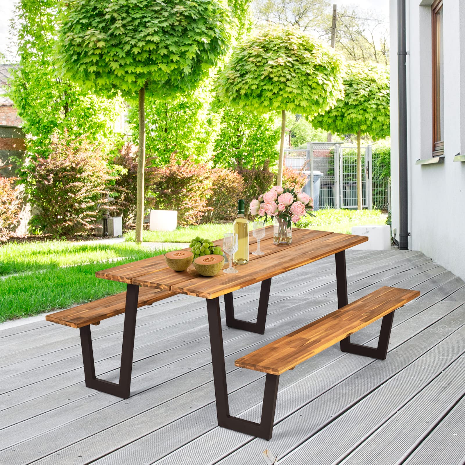 HAPPYGRILL Outdoor Picnic Table Bench Set with Wooden Top & Steel Frame, Patio Dining Picnic Table Set with Umbrella Hole for Garden Backyard