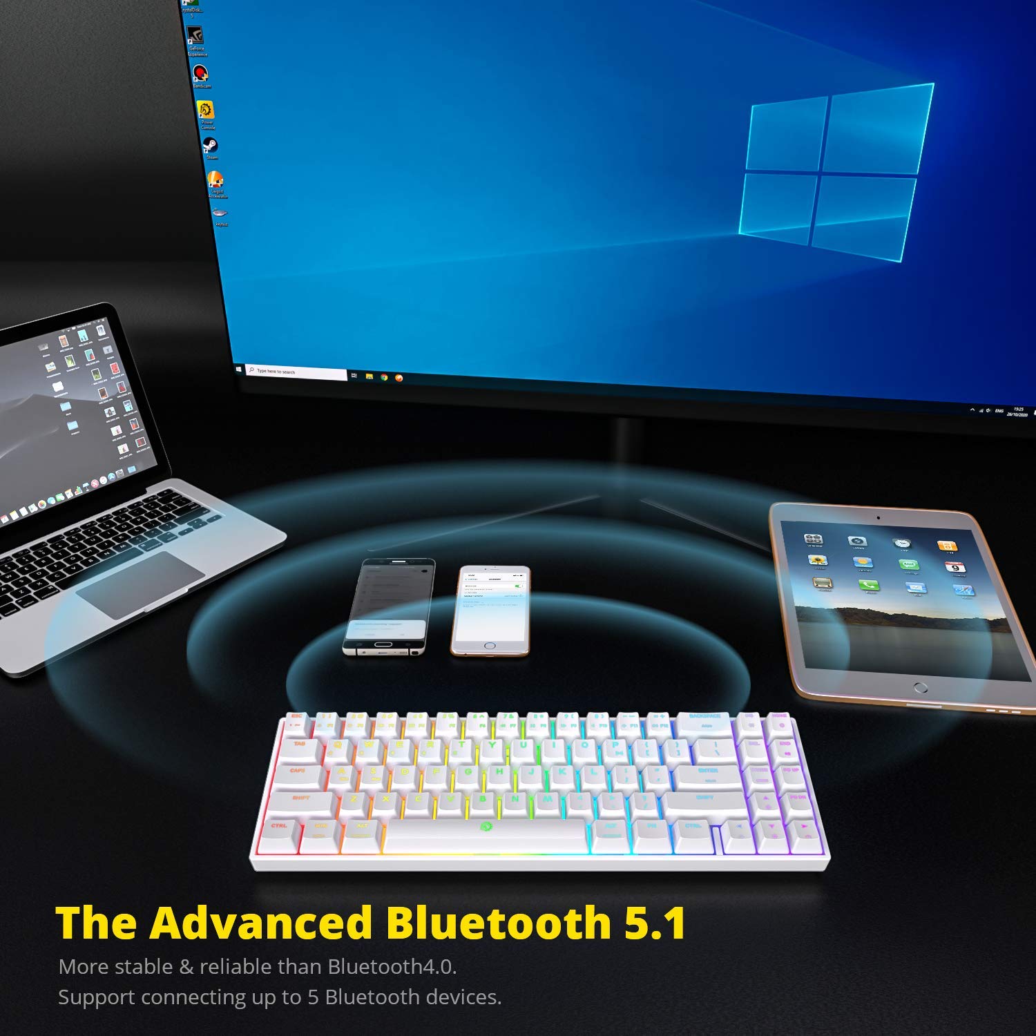 DREVO Calibur V2 MAX Compact 71-Key Wireless Bluetooth 5.1 & 2.4G Wireless & USB-C Cable Wired RGB Mechanical Gaming Keyboard, Compatible with PC/Mac,US Layout (Blue Switch, White)