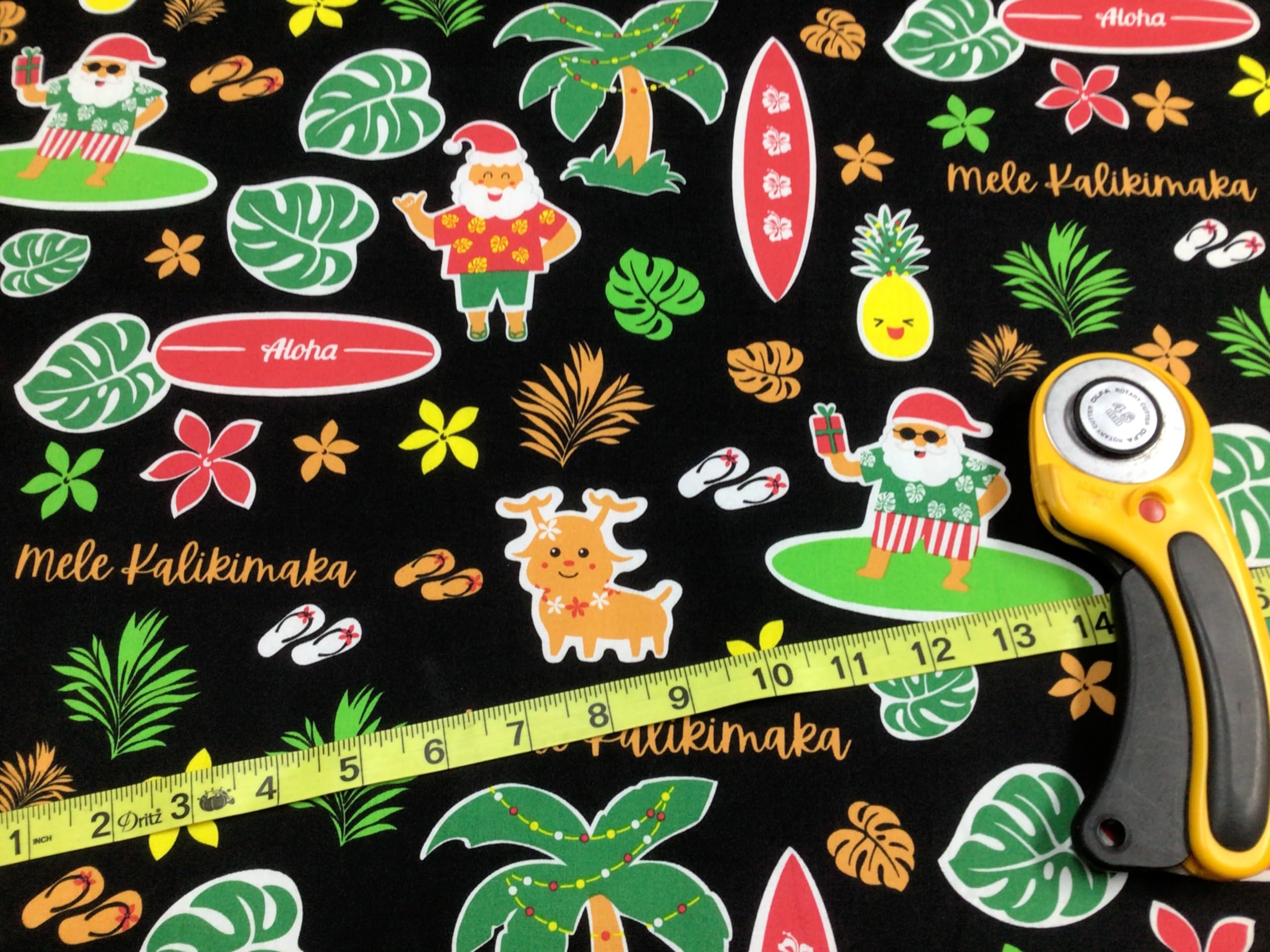 Mele Kalikimaka Hawaiian Christmas Surfing Santa in Black Background Hawaiian Print 100% Cotton Fabric Sold by The Yard