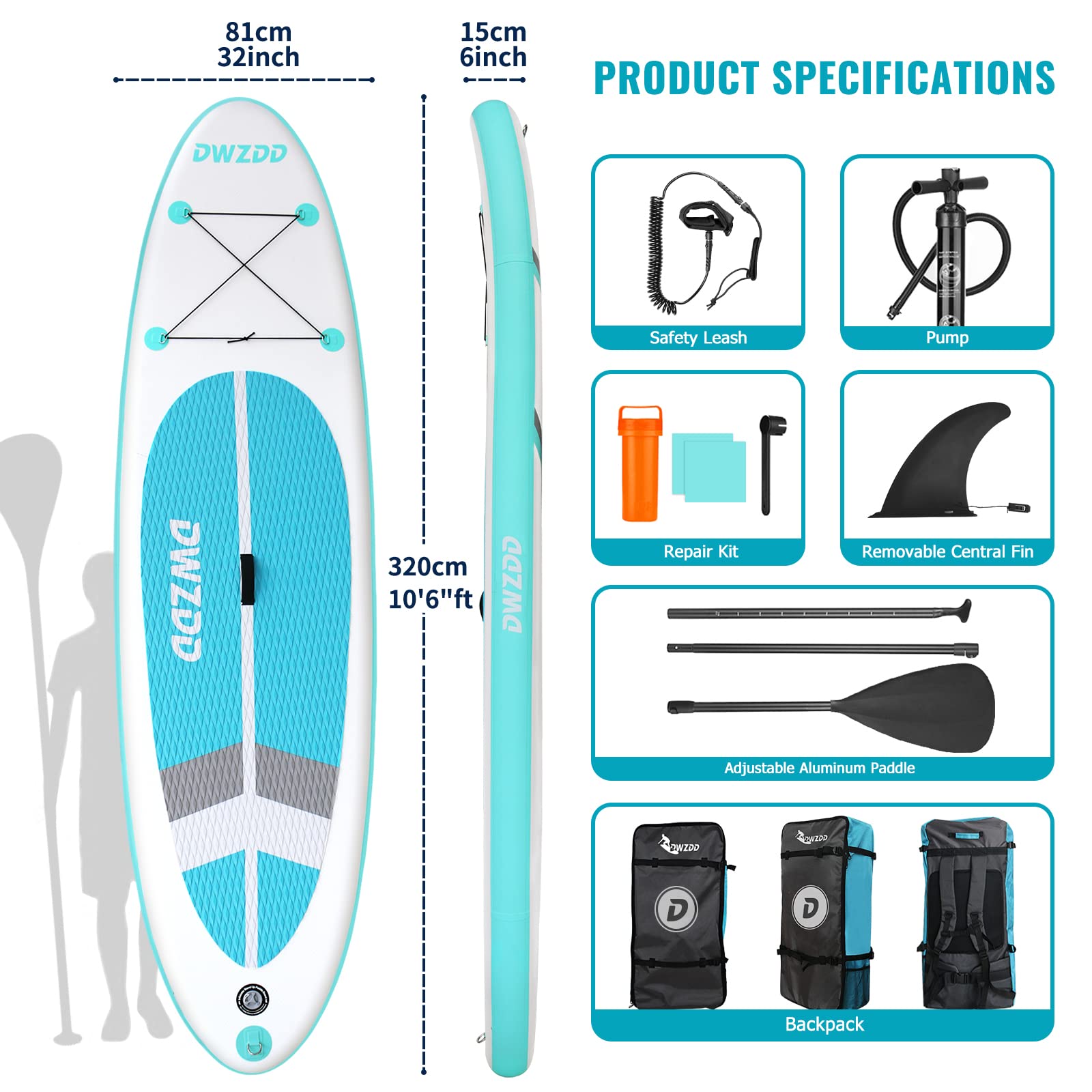 dwzdd Paddle Board, 10'6" x 32" x 6" Stand Up Paddleboard Inflatable with SUP Board Accessories, Adj Paddle,iSUP Backpack,Leash,Pump,Fins,Blow Up Paddle Board for Youth & Adult