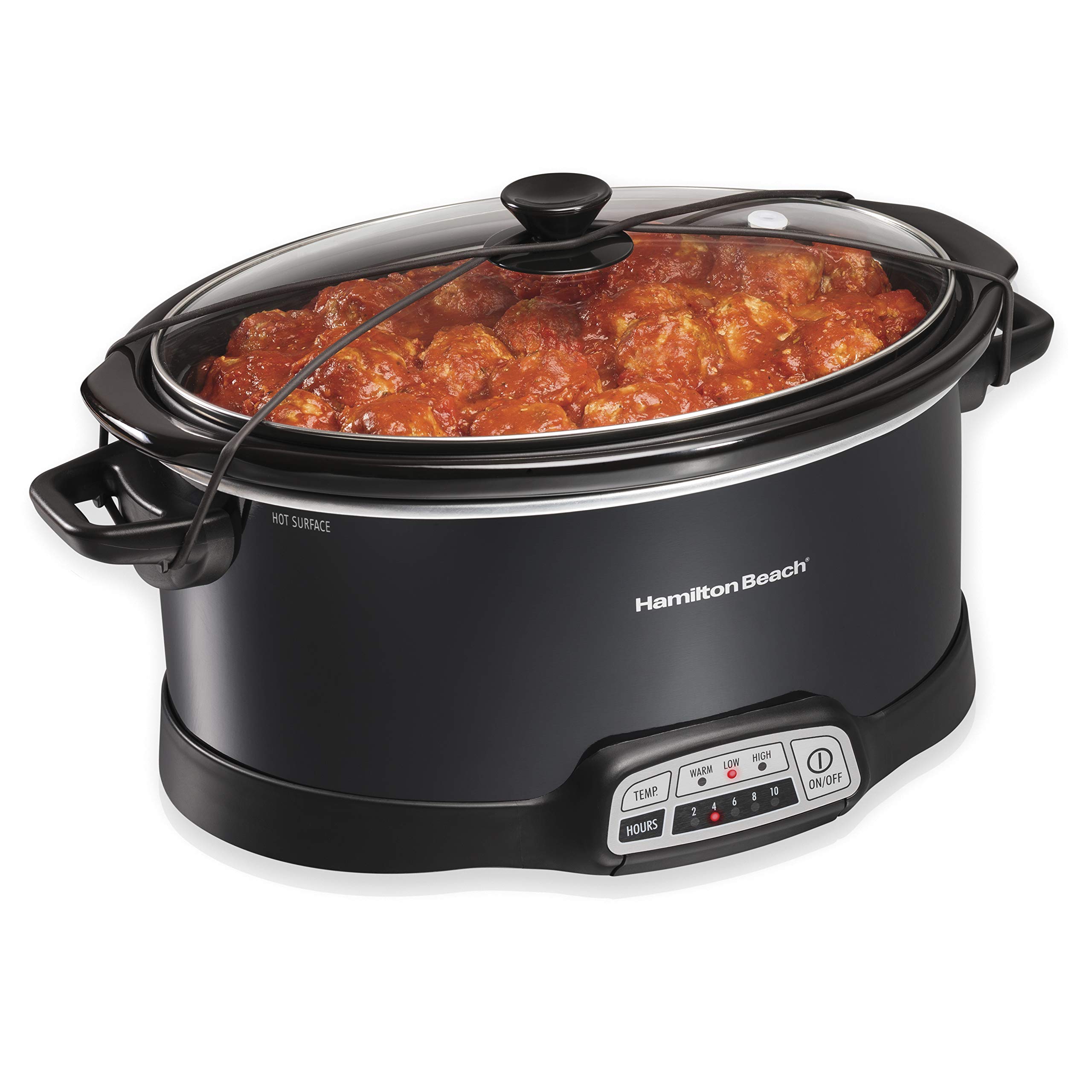 Hamilton Beach Wave Crusher Blender, Grey & Black (58163) & Beach Portable 7-Quart Programmable Slow Cooker With Lid Latch Strap for Easy Transport, Dishwasher-Safe Crock, Black (33474)