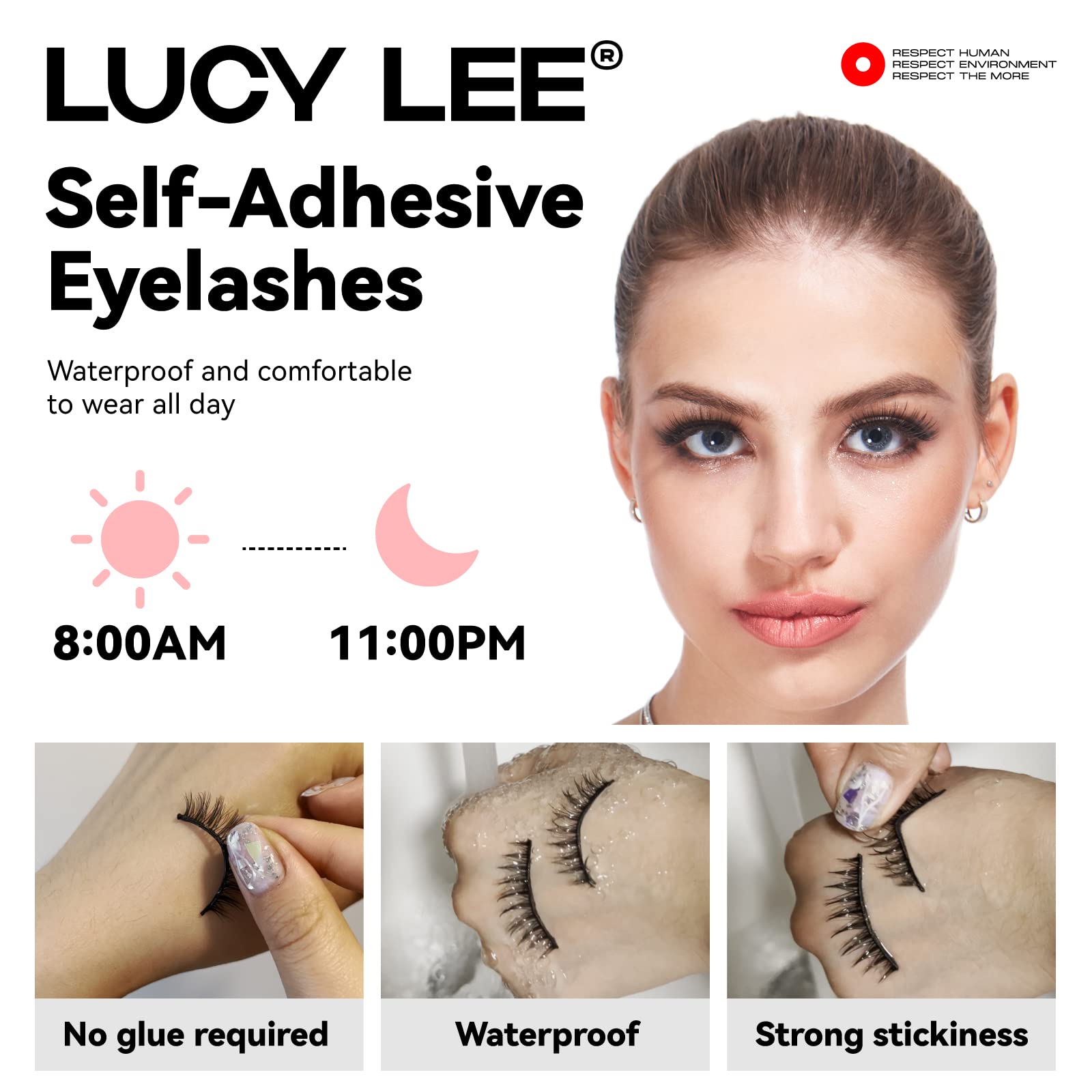 LUCY LEE Reusable Self-Adhesive Eyelashes 3 Pairs, False Eyelashes No Glue or Eyeliner Needed, Easy to Put on within 3 Secs, Stable/Non-slip Waterproof Fake Eyelashes Soft Reusable Lashes 3D