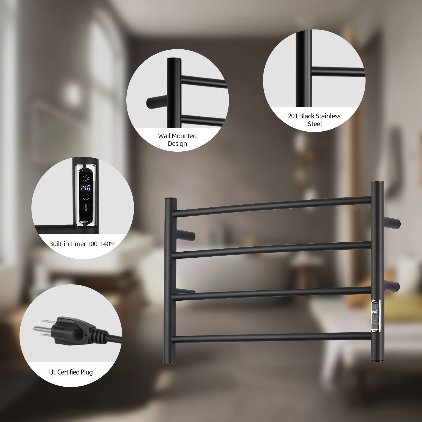 SHARNDY Towel Warmer with Built-in Timer ETW29 for Bathroom Wall Mounted Bath Towel Heater Plug-in Electric Heated Towel Rack Black