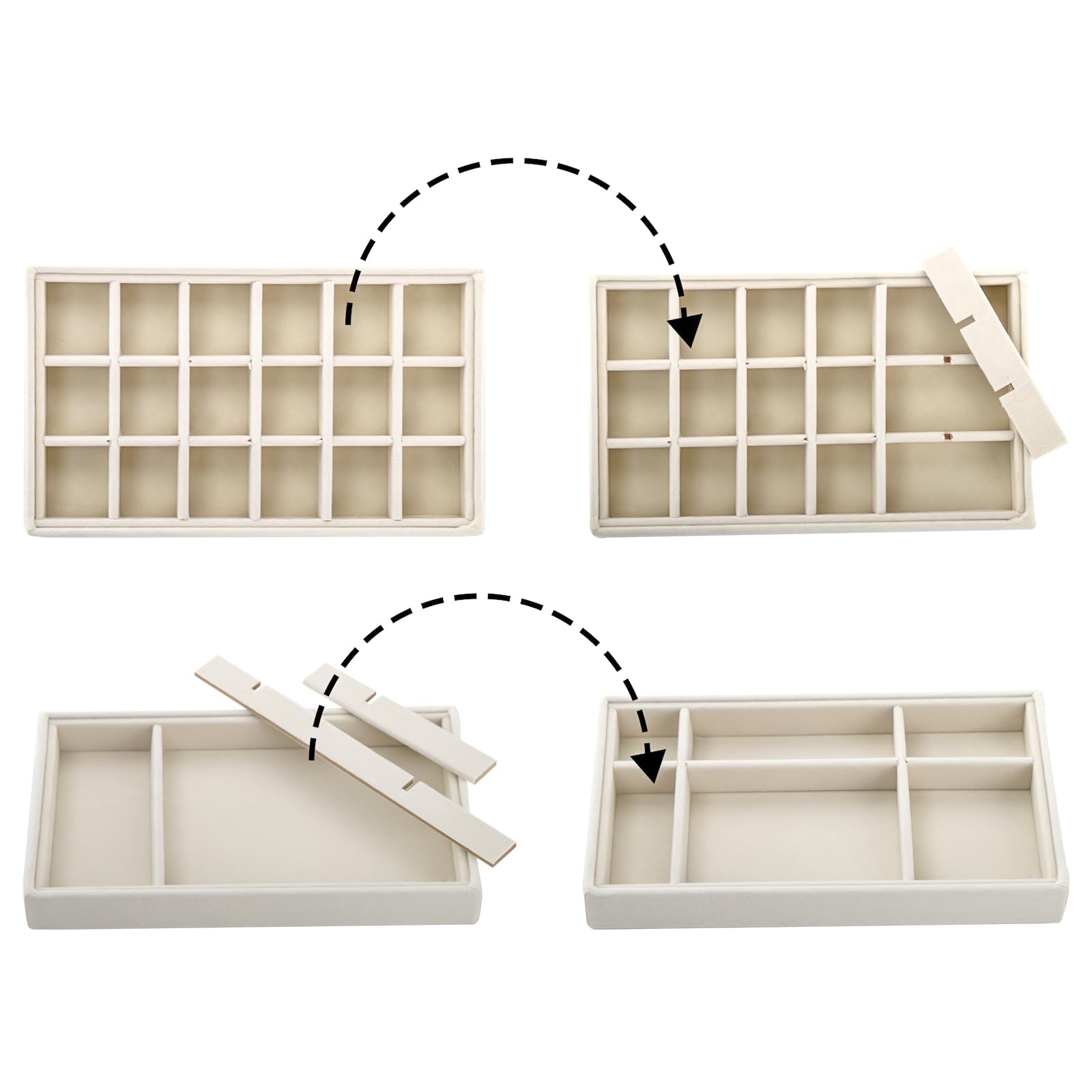 Elsjoy Set of 8 Velvet Jewelry Tray, Drawer Insert Divided Storage Holder Stackable Jewelry Organizer, Necklace Bracelet Display Tray for Earring, Ring, Brooch, Watch, 8.3"x5"x1" Beige 4 Styles