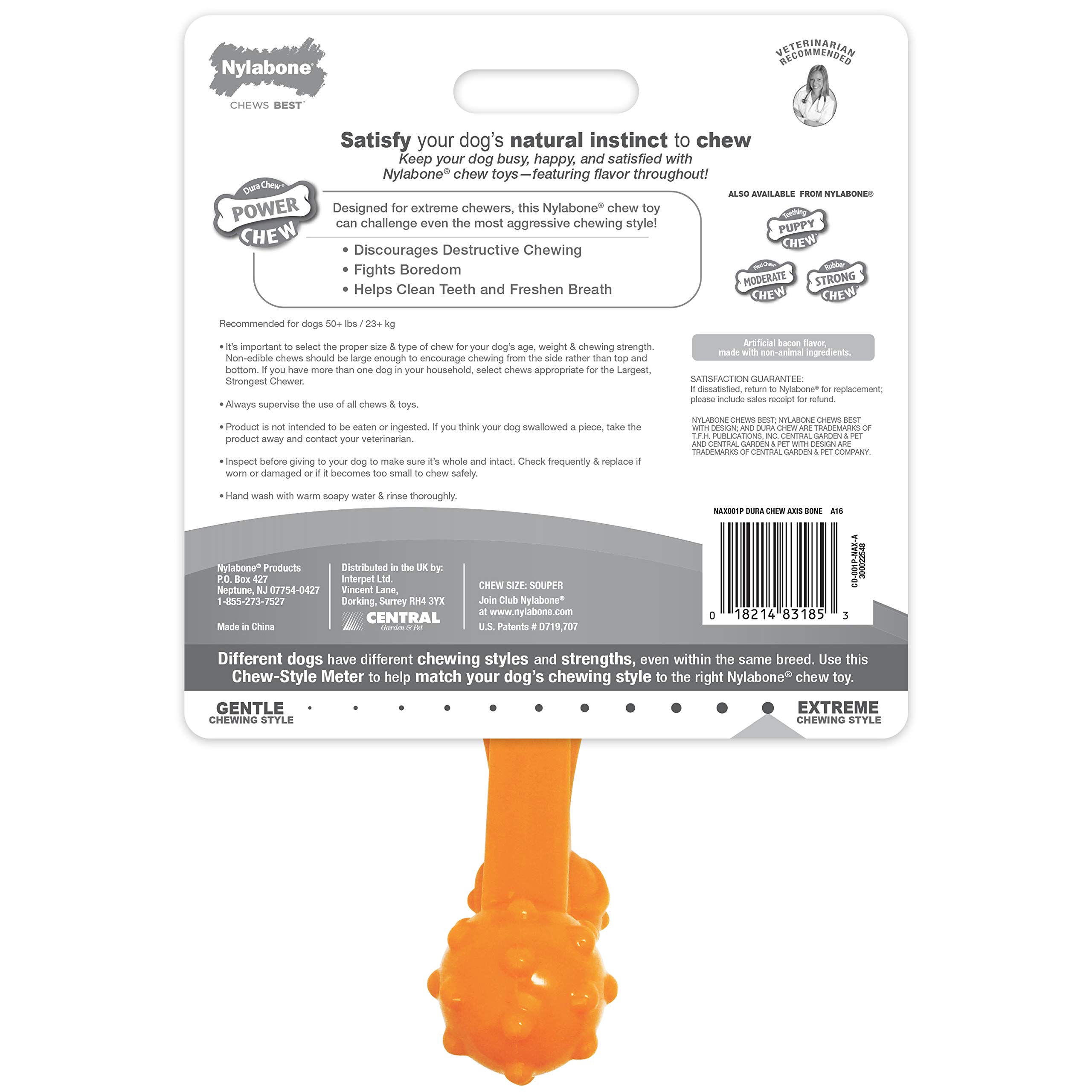 Nylabone Power Chew Axis Bone Chew Toy for Dogs, Dog Toys for Aggressive Chewers, Bacon Flavor, X-Large/Souper - 50+ lbs. (1 Count)