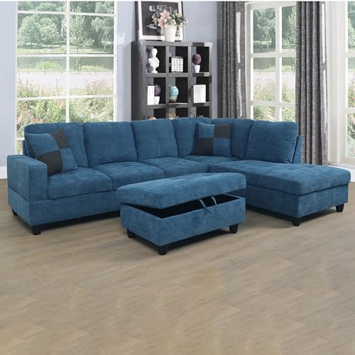 LostCat 103" W Sectional Couches for Living Room Couch Set, Modular Sectional Sofa for Living Room Furniture Sets, L Shaped Couch with Storage Ottoman, Flannel Modular Couch Sofa Set, Blue