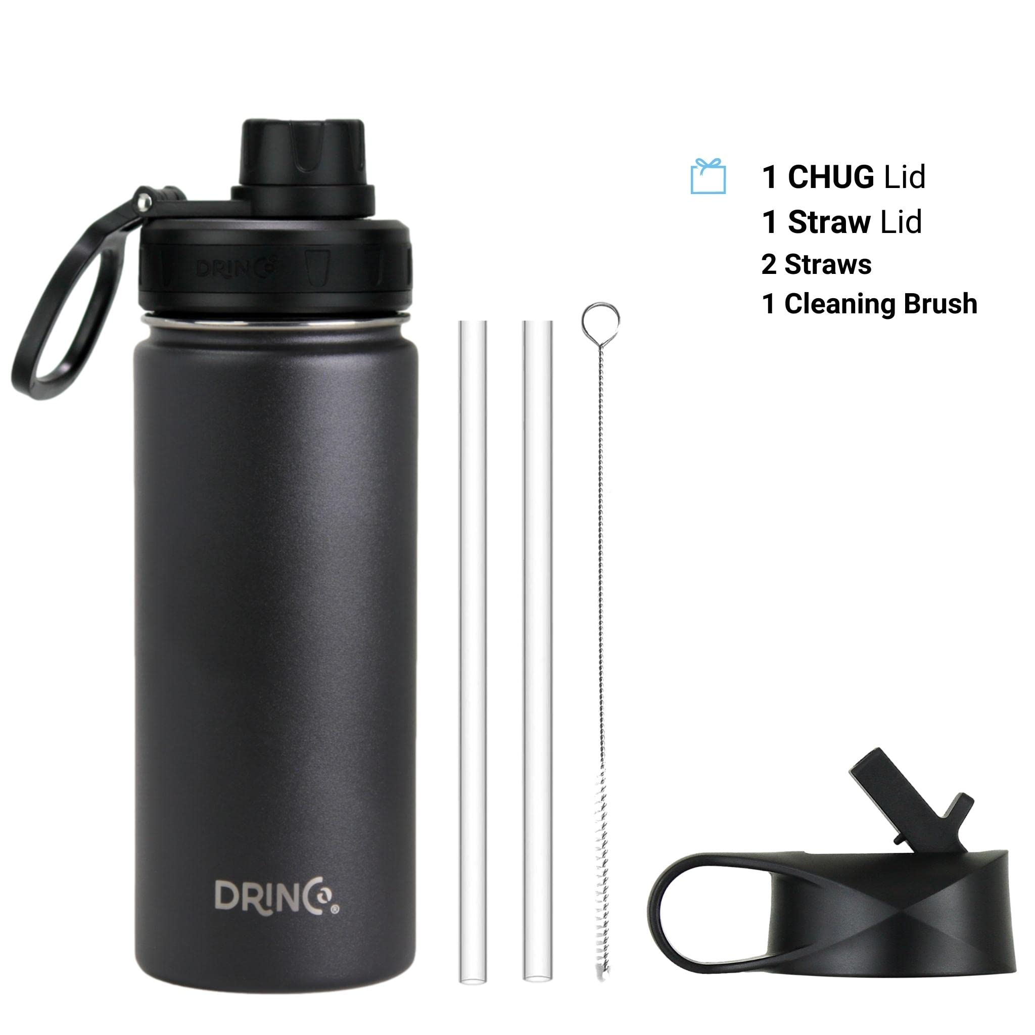 DRINCO Stainless Steel Water Bottle Spout Lid Vacuum Insulated Double Wall Water Bottle Wide Mouth (40oz 32oz 22oz 18oz 14oz) Leak Proof Keeps Cold or Hot (18 oz, 18oz Black)