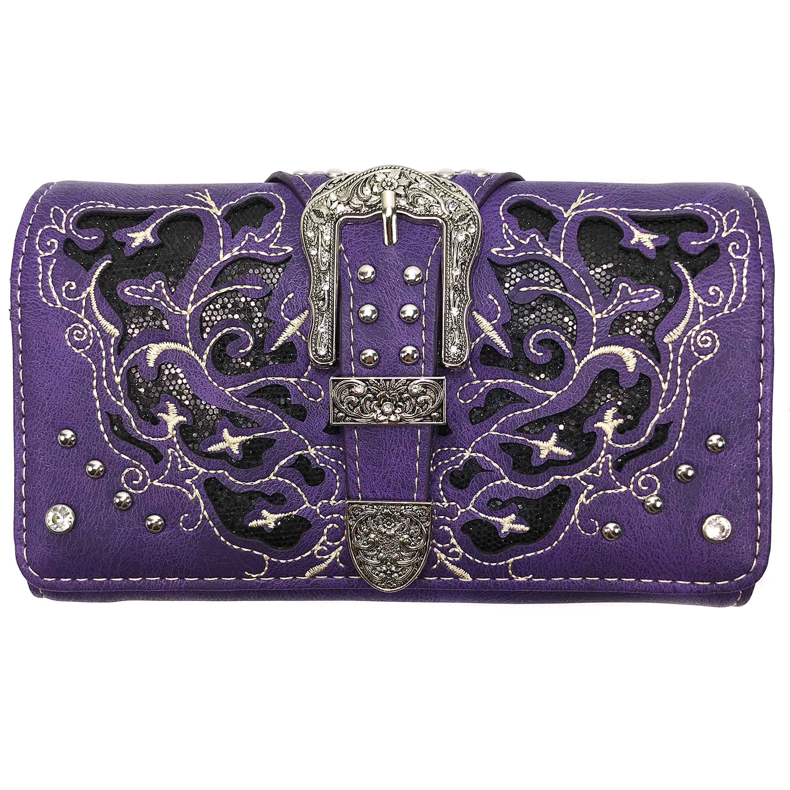 Western Gleaming Buckle Floral Cowgirl Women Crossbody Wrist Trifold Wallet (Purple)