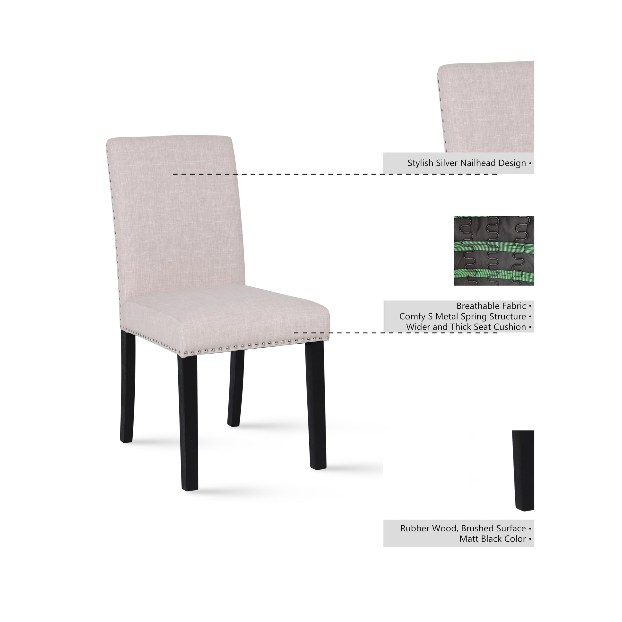 DrInn Dining Chairs, Modern Farmhouse Linen Nail Head Trimmed Upholstered DiningChairs, Set of 2 (Beige)