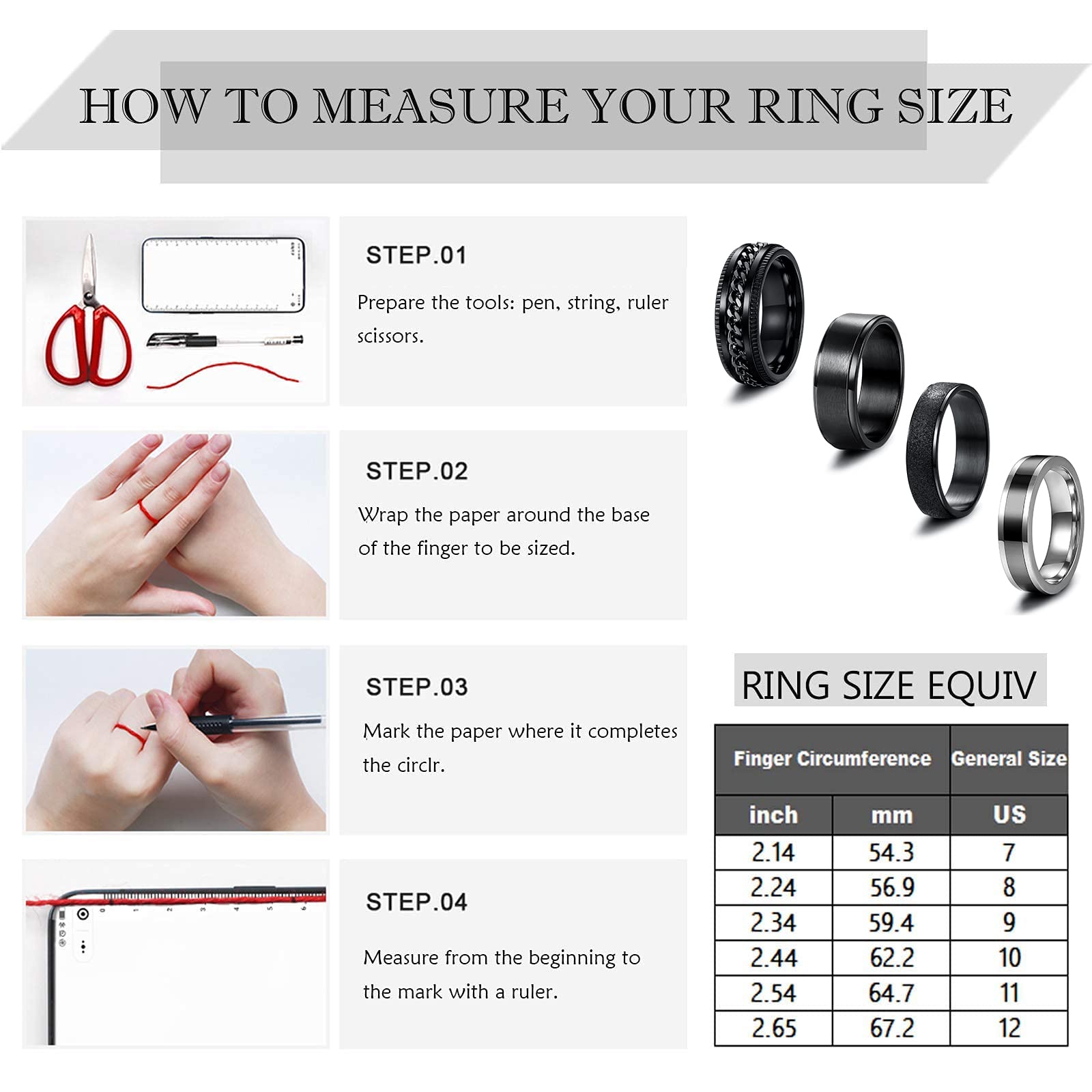 EIELO 4 Pieces Band Rings for Men Women Stainless Steel Cool Chain Inlaid Fidget Spinner Ring Black Silver Anxiety Wedding Pormise Ring Set