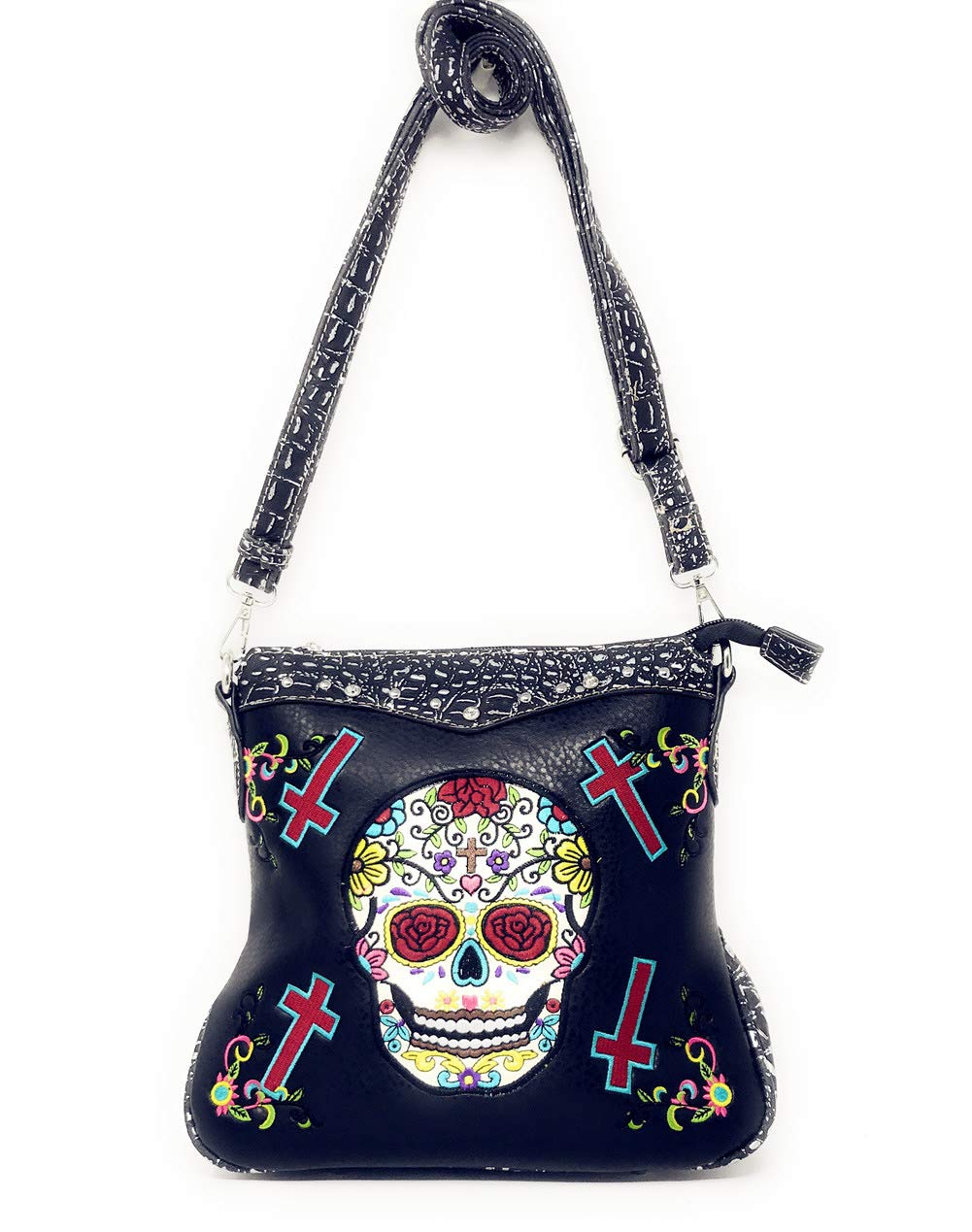 Western Sugar Skull Embroidery Rhinestone Cross Conceal Carry Crossbody Bag Set (Black)