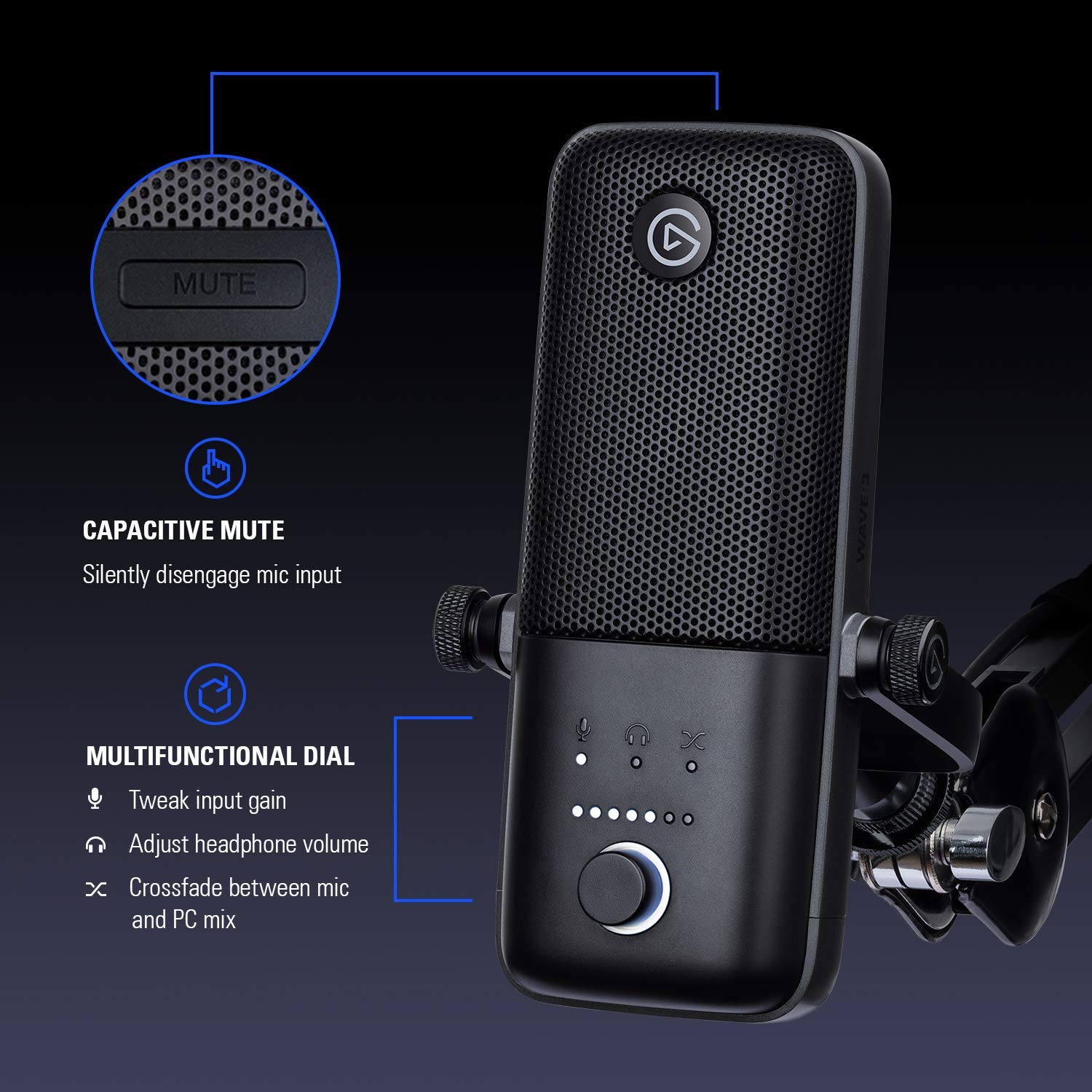 Elgato Wave:3 - USB Condenser Microphone and Digital Mixer for Streaming, Recording, Podcasting - Clipguard, Capacitive Mute, Plug & Play for PC/Mac (Renewed)