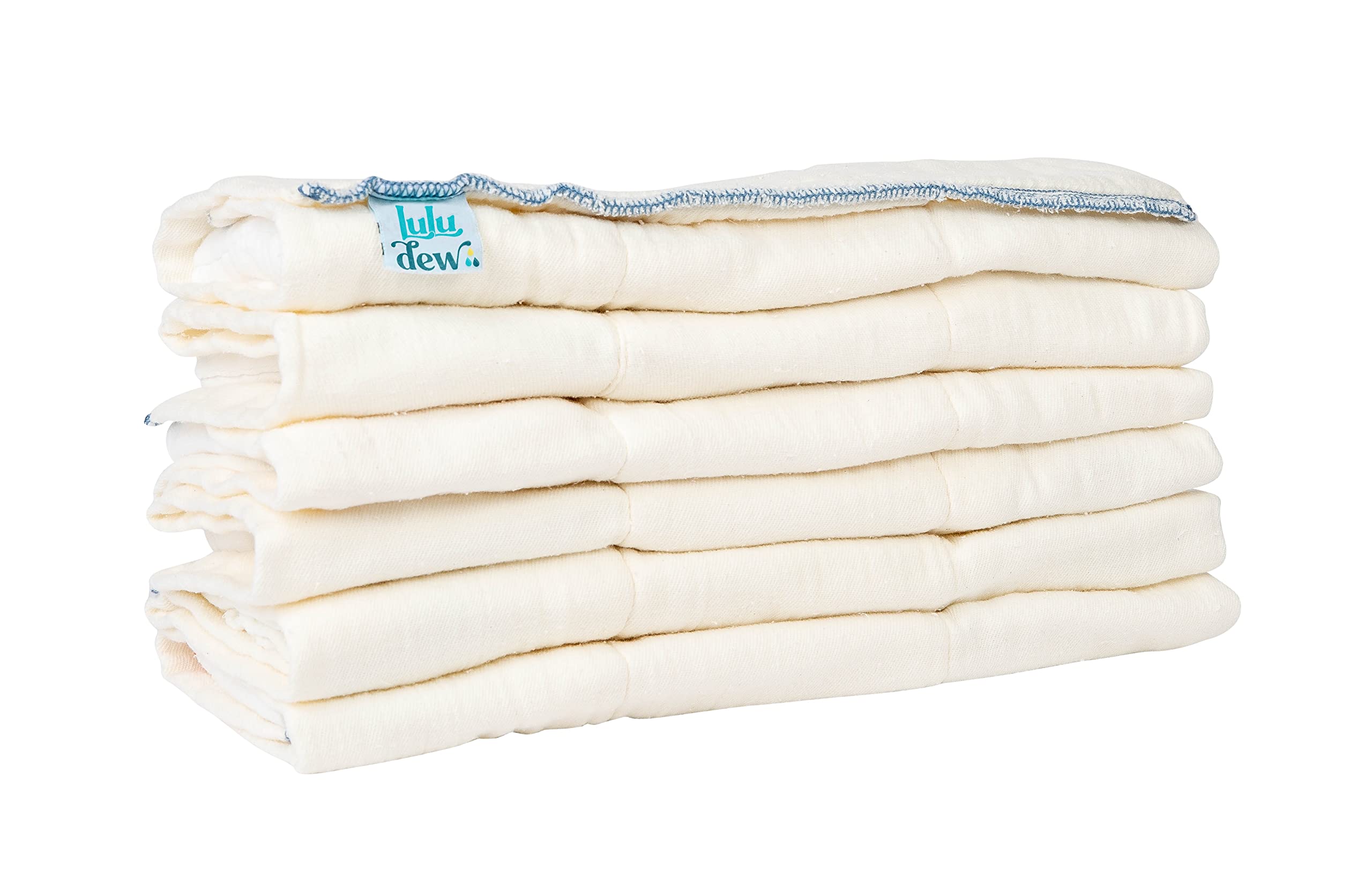 Luludew Cotton PreFold Cloth Diapers 8-ply– Unbleached – 12 Counts Set (Size 3: Regular-Blue Trim)