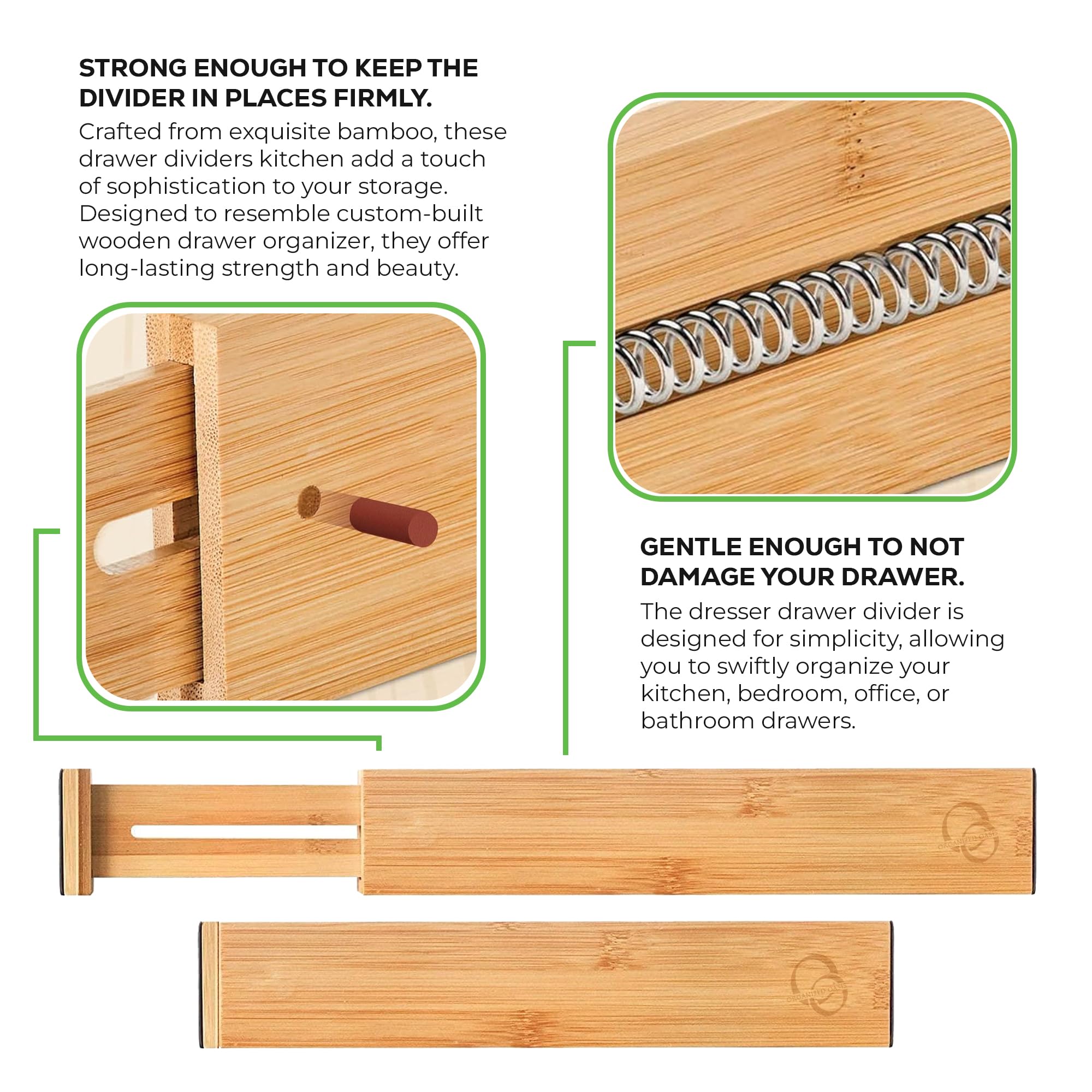 OASIS 4-Pack Bamboo Drawer Dividers Expandable, Kitchen Drawer Organizer, (13.75"- 17") Spring Loaded Drawer Separators, Wooden Drawer Organizer, Adjustable Drawer Dividers for Clothes, Home & Office