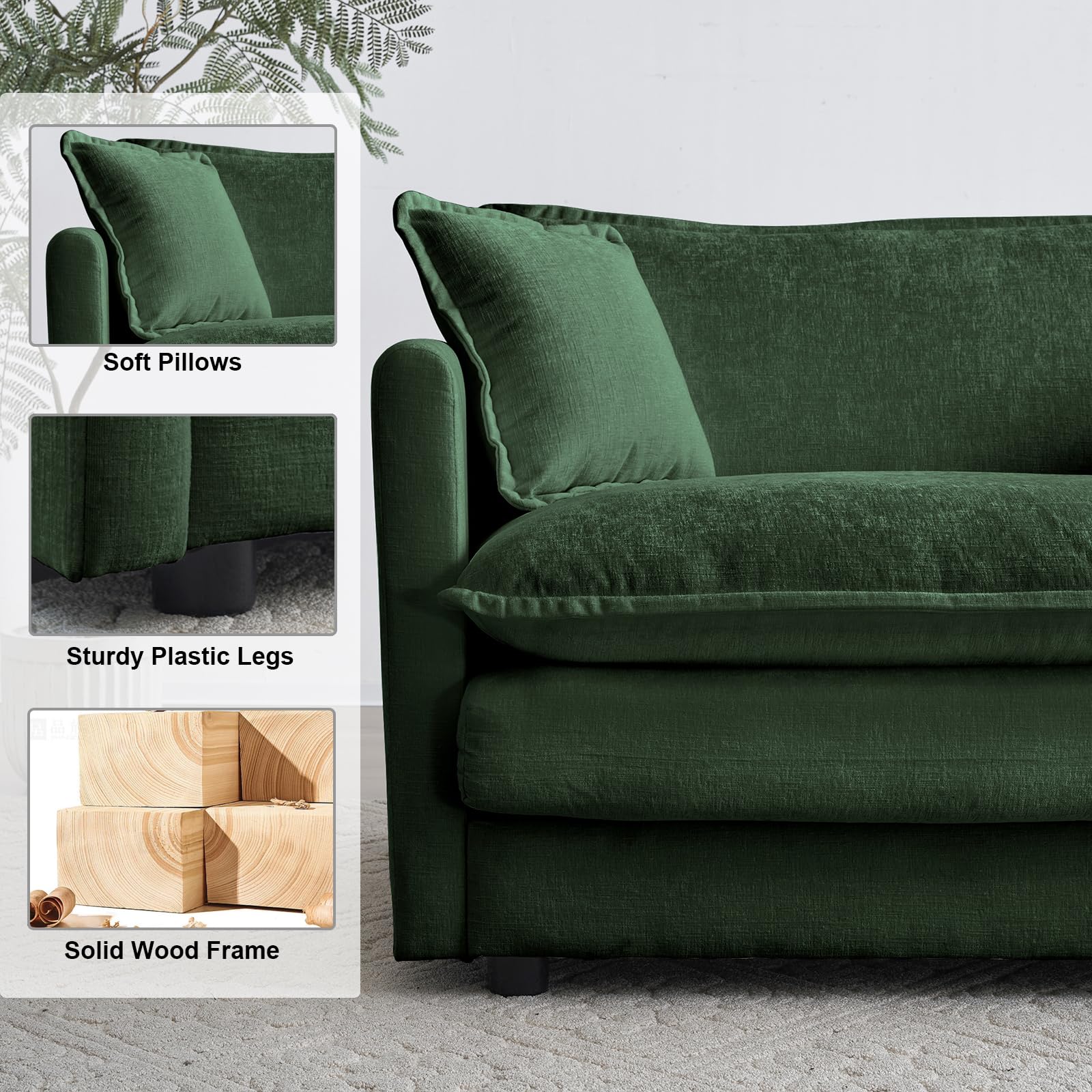 KIVENJAJA Oversized U-Shaped Modular Sectional Sofa, Modern Chenille 4-Seater Deep Seat Cloud Couch with 2 Ottomans/Chaises & 6 Pillows for Living Room Office, 146.5”W, Green