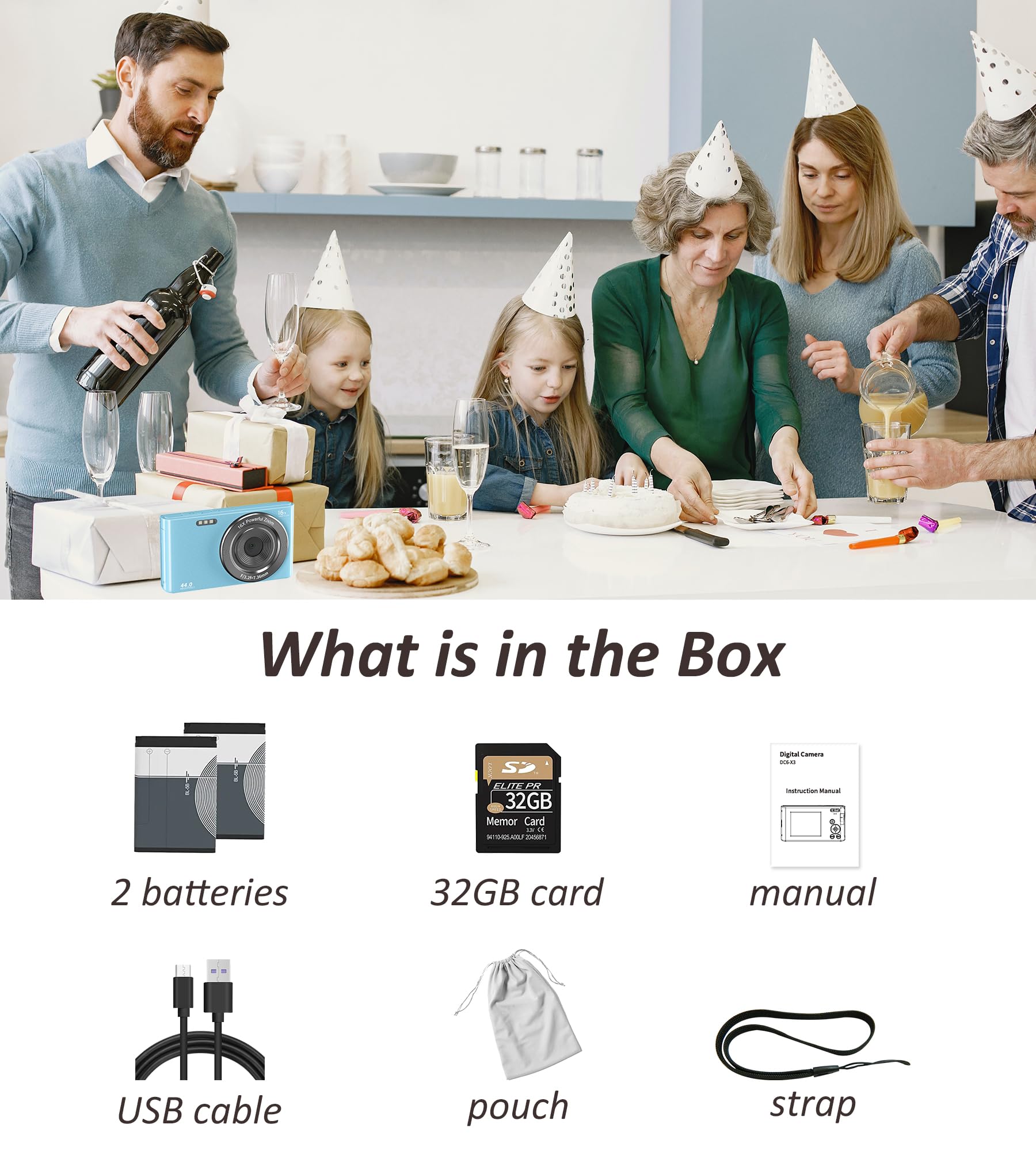 Digital Camera with 32GB Card Point and Shoot Camera 44MP 1080P HD Video Compact Portable 16X Zoom Waterproof Digital Camera for Kids