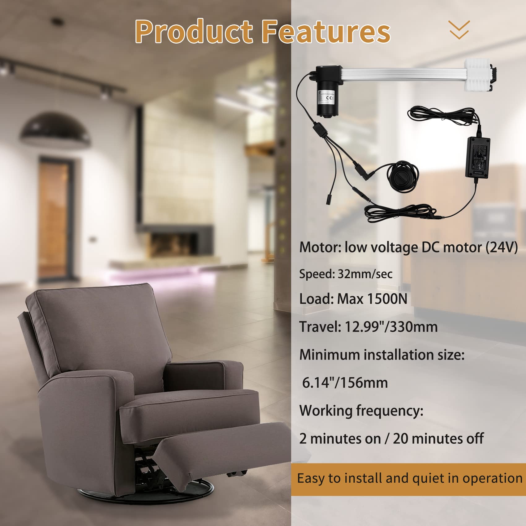 Feikeer Electric Recliner Motor Actuator, Replace okin JLDQ-11, JLDQ-1A, JLDQ.11.156.333K. Lift Chair/Sofa Electric Recliner Motor Actuator with Power Adapter&Hand Controller, Stroke:12.99"/330mm