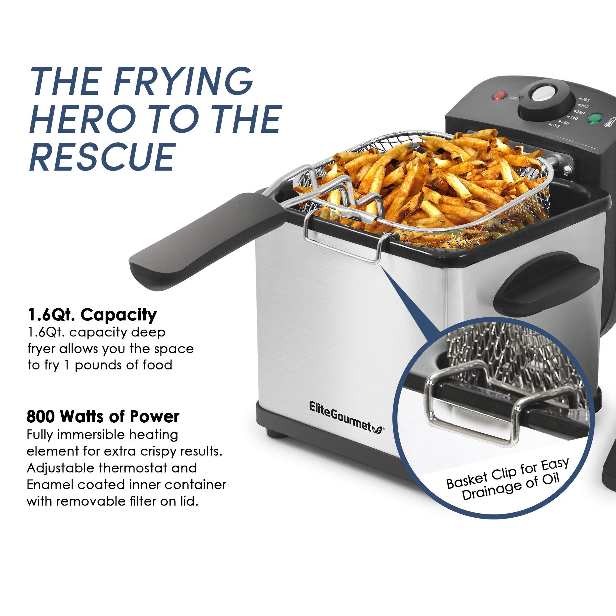 Elite Gourmet EDF-1607 800-Watt Mesh Basket 1.6 Quart / 6.5 Cup Oil Capacity, Electric Immersion Deep Fryer with Temperature Knob and Lid with View Window, stainless steel