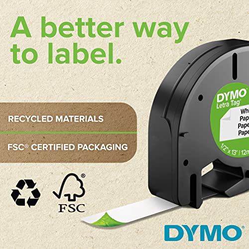 DYMO LetraTag Labeling Tape for LetraTag Label Makers, Black Print on Blue Plastic Tape, 1/2'' W x 13' L, 1 roll (91335)