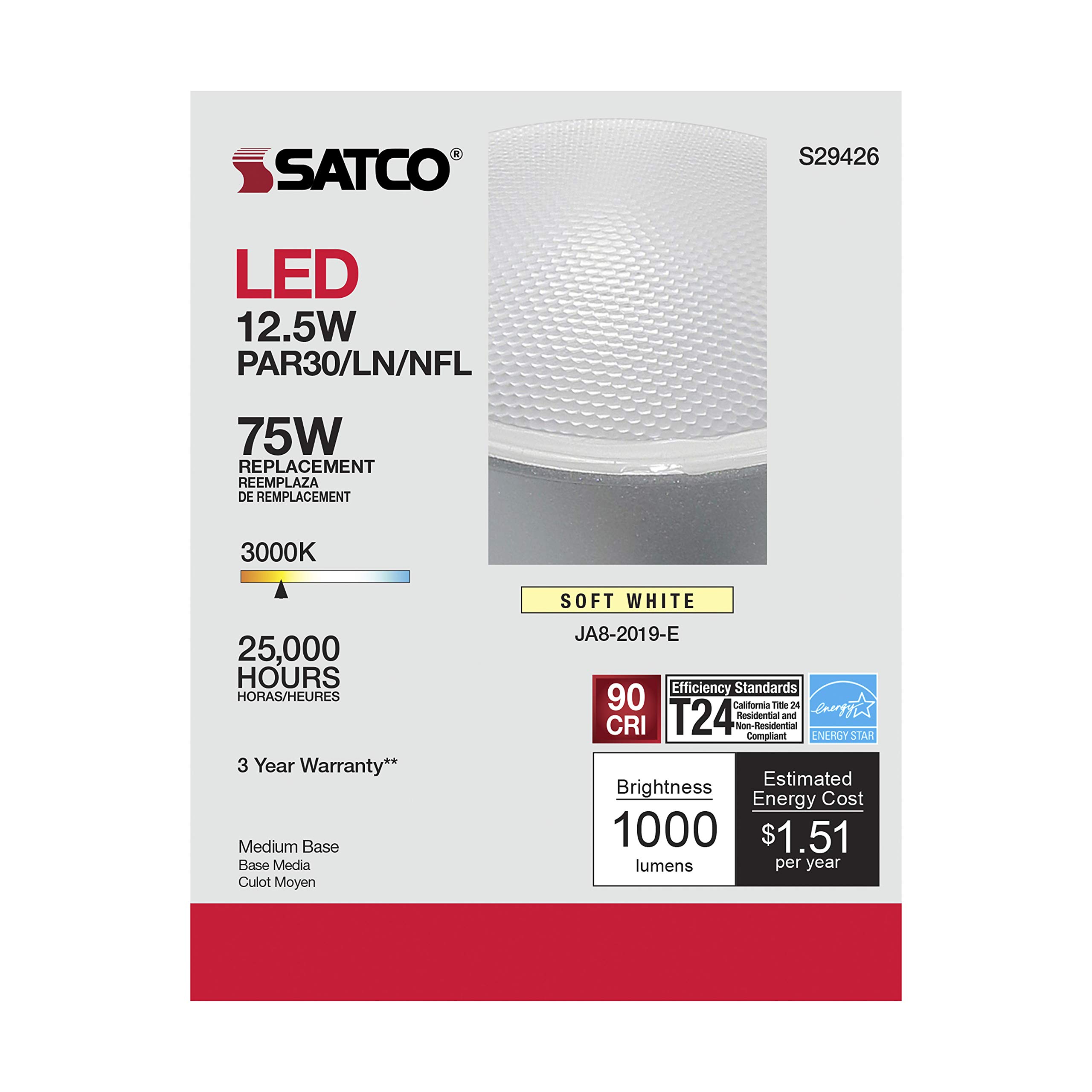 Satco S29426 12.5 Watt 120 Volt PAR30LN LED Reflector Light Bulb 3000K 1000 Lumen 25 deg. Beam Angle E26 Medium Base Dimmable California Compliant (6 LED Light Bulbs)