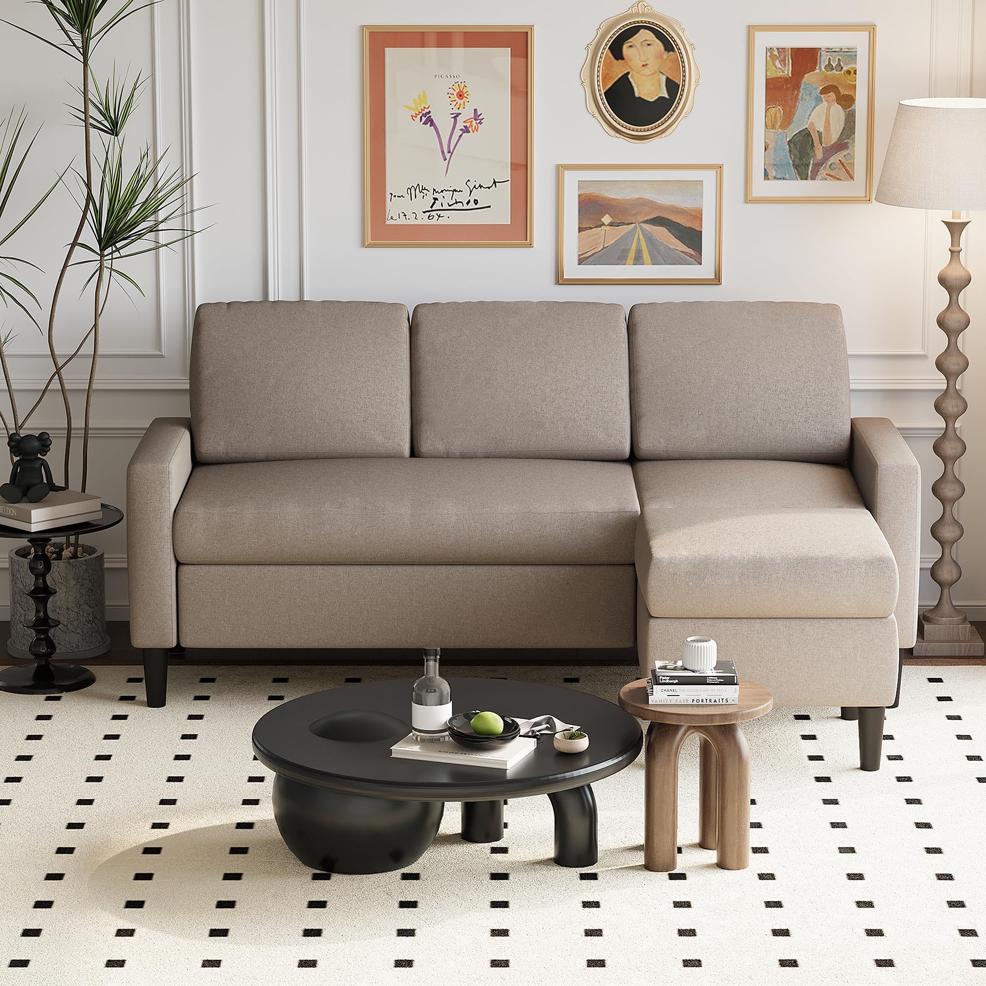 Shintenchi 74" Convertible Sectional Sofa Couch, Small 3-Seat L-Shaped Sofa with Modern Linen Fabric Upholstered, Space-Saving Sofa with Reversible Chaise for Living Room Apartment(Dark Beige)