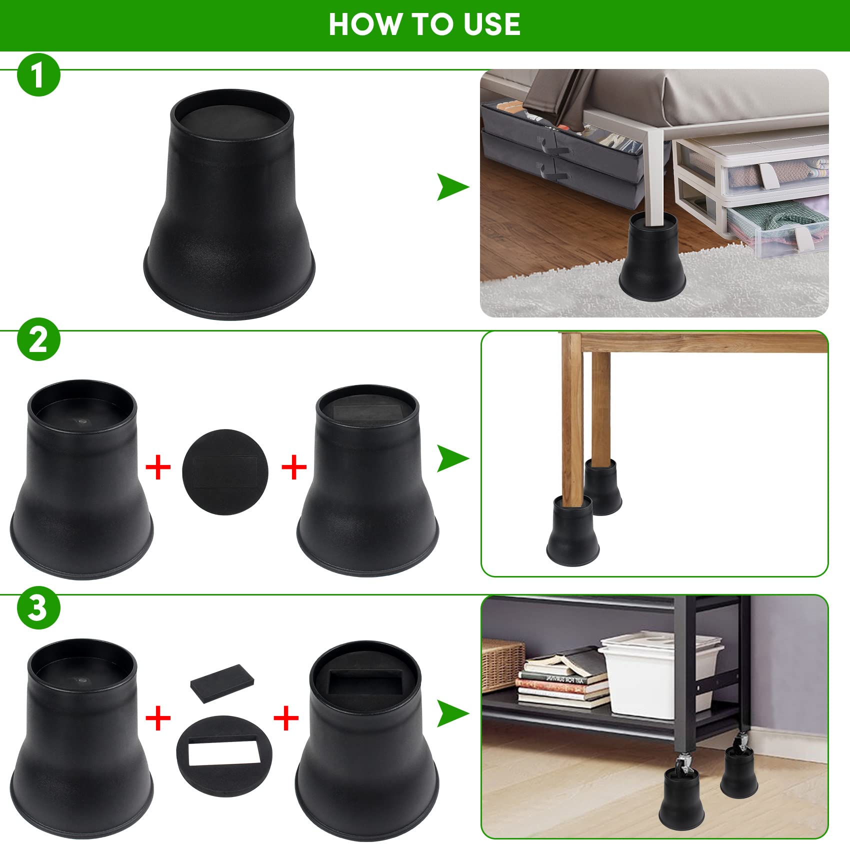 DEDU Bed Risers 6 Inch Heavy Duty 6 Pack, Furniture Risers with Caster Pads Supports Up to 6600 Lbs, Round Couch Risers for Sofas, Desk (Black)