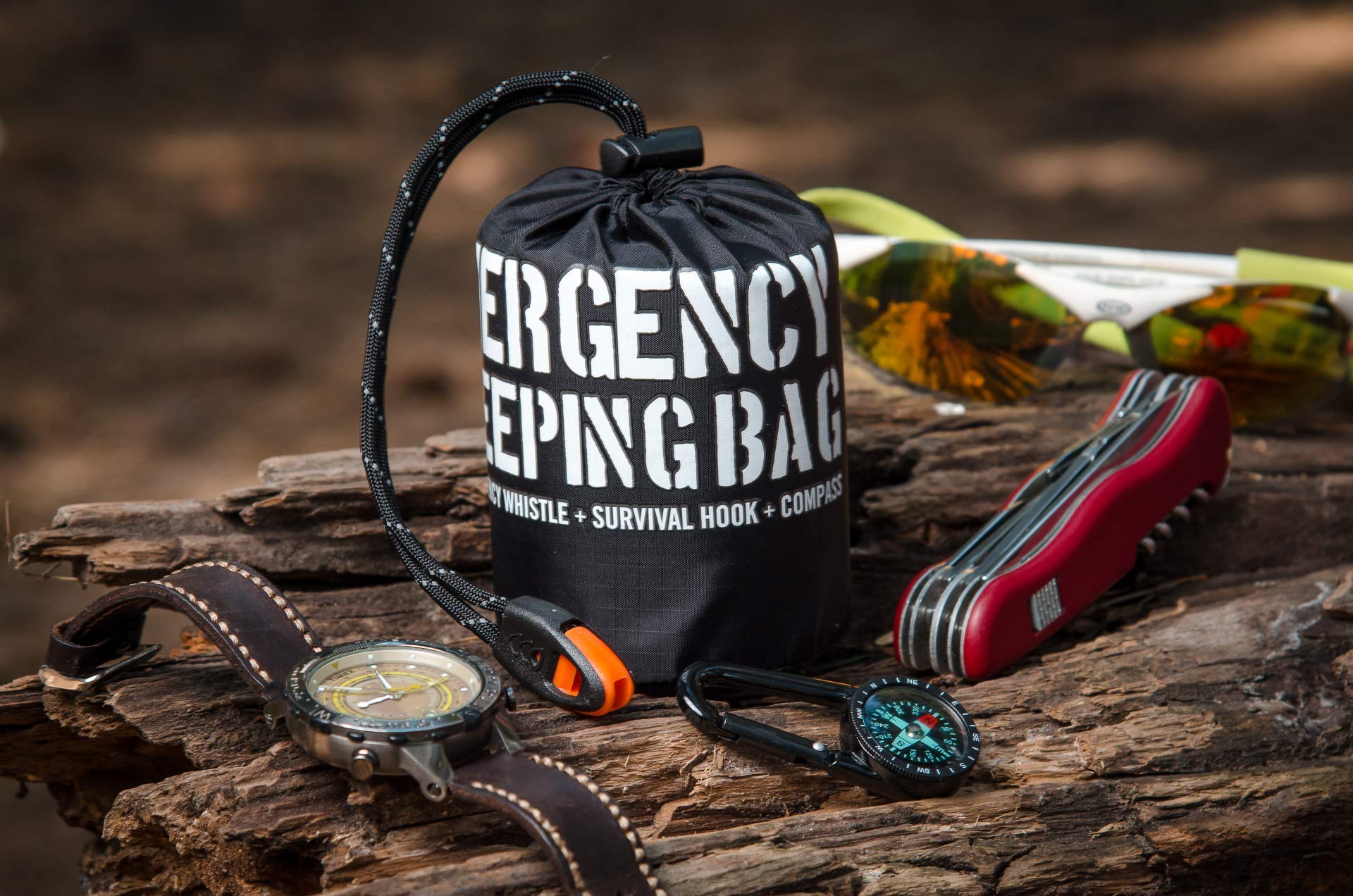 Emergency Portable Sleeping Bag Reflective Bivy Sack Mylar Thermal Survival Kit Emergency Preparedness for Camping Extreme Cold - Includes Whistle Compass and Survival Hook Emergency Go Bug Out Bag