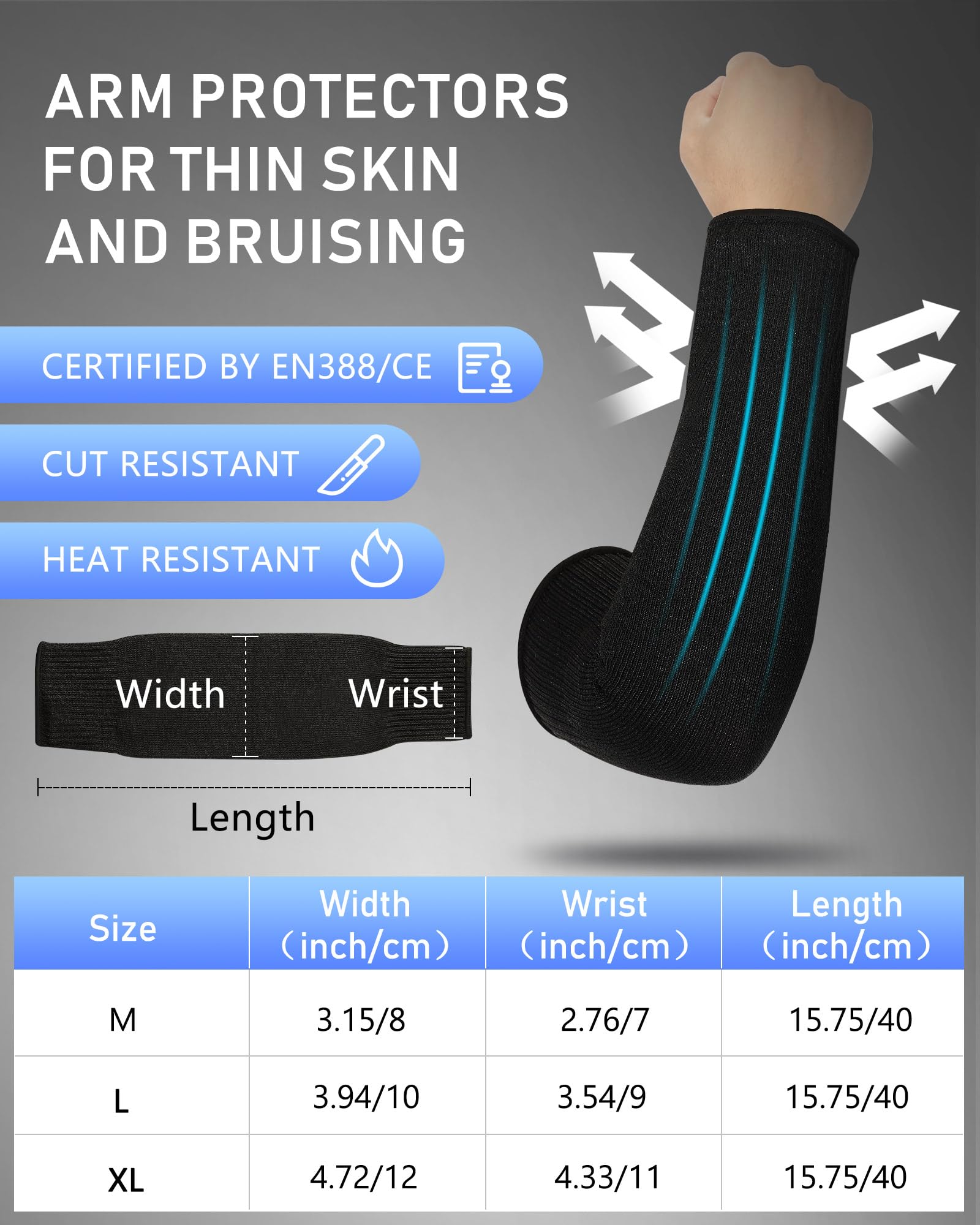 Geyoga 2 Pairs Cut Resistant Sleeves Thin Arm Protectors Arm Guard for Thin Skin and Bruising Arm Sleeves for Men Women (Black)