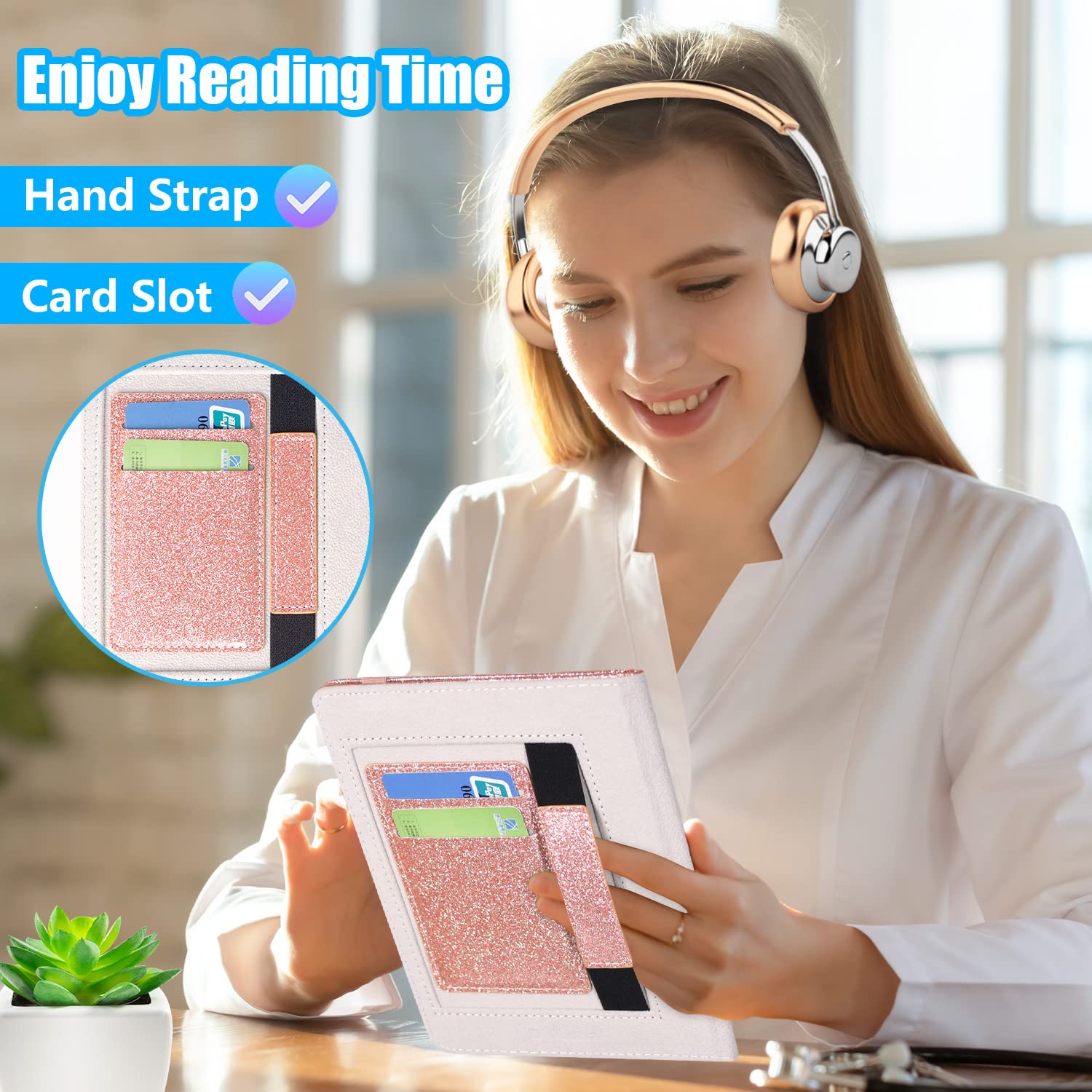 DMLuna Kindle Paperwhite Case, Fits 11th Generation 2021, 6.8”, Smart Protective Durable Premium PU Leather Cover with Auto Sleep Wake, Hand Strap, Card Slots, Magnetic Clasp, Glitter Rose