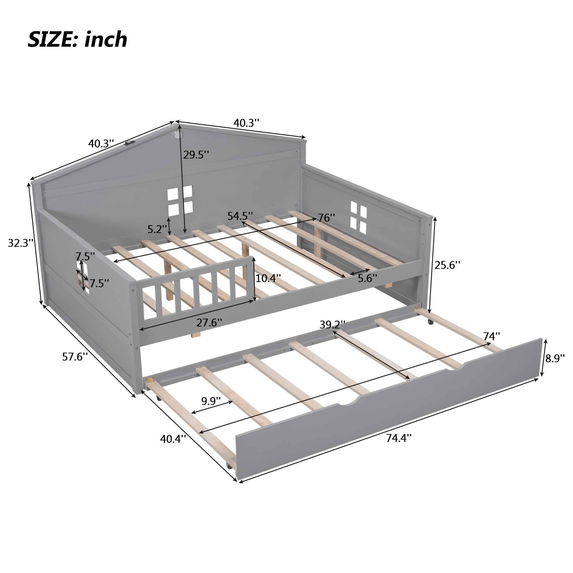 Merax Full Size Wooden Daybed with Trundle and Sensor Light, House Shaped Daybed for Kids, Boys and Girls, No Box Spring Needed, Grey