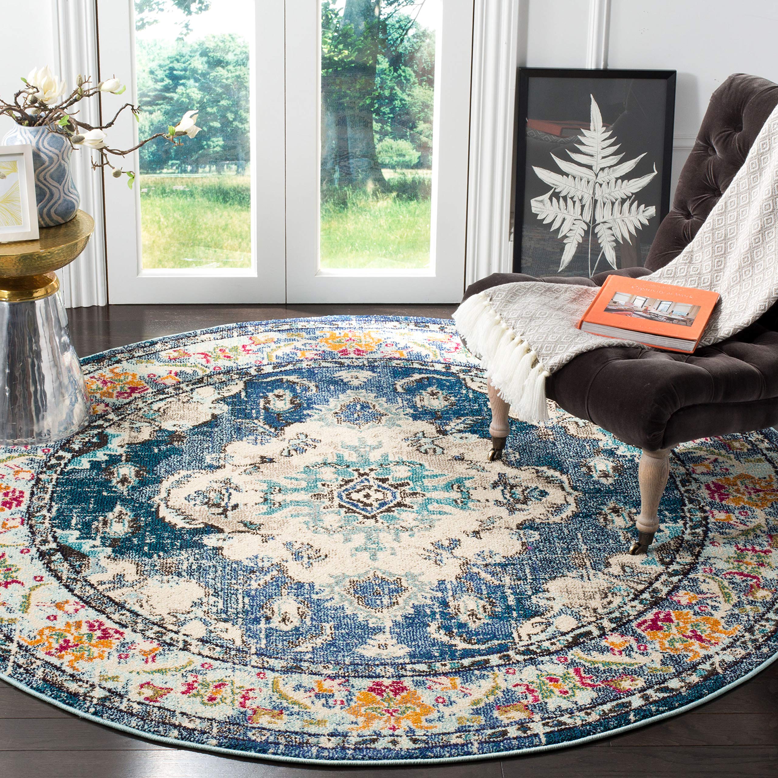 SAFAVIEH Monaco Collection Area Rug - 8' Round, Navy & Light Blue, Boho Chic Medallion Distressed Design, Non-Shedding & Easy Care, Ideal for High Traffic Areas in Living Room, Bedroom (MNC243N)