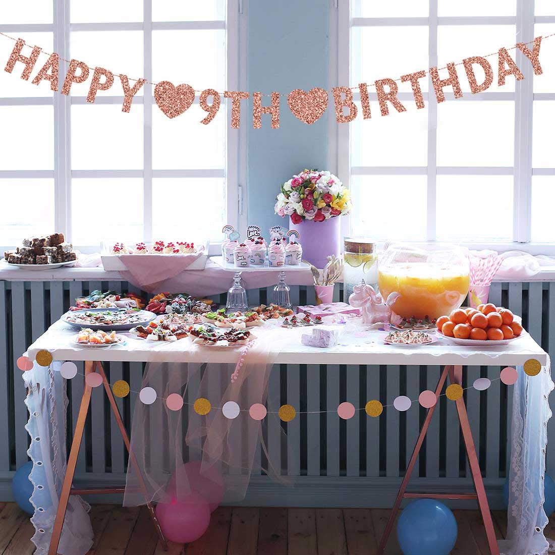 Rose Gold 9th Birthday Banner, Glitter Happy 9 Years Old Boy or Girl Party Decorations, Supplies