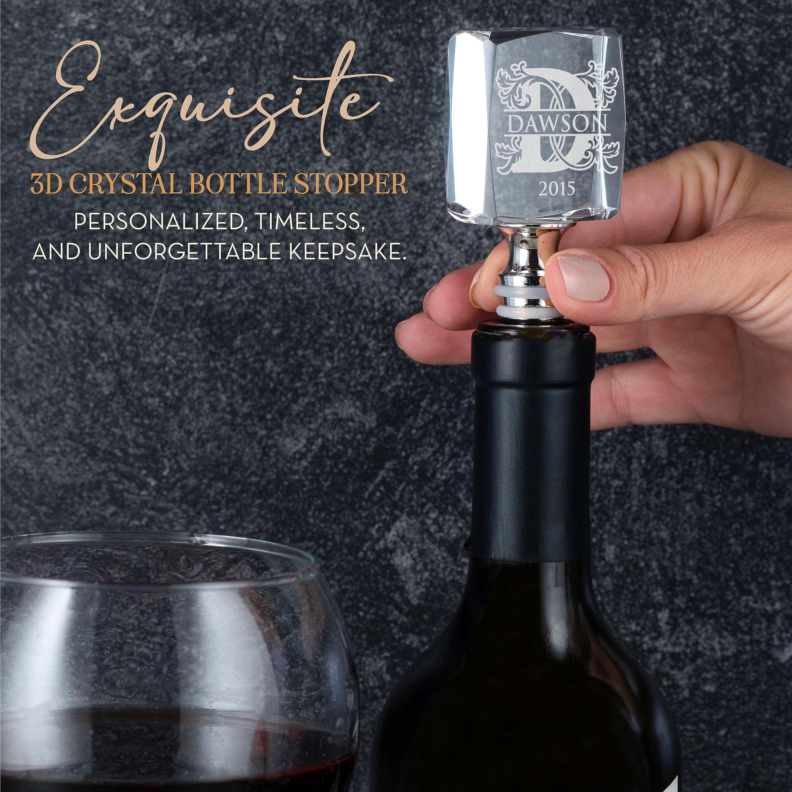 DEEP 3D Personalized Wine Stopper, Wedding Gift, Custom with Initial - Name - Date - 3D Crystal Bottle Stopper, Father Gifts (Crystal, Octagon)