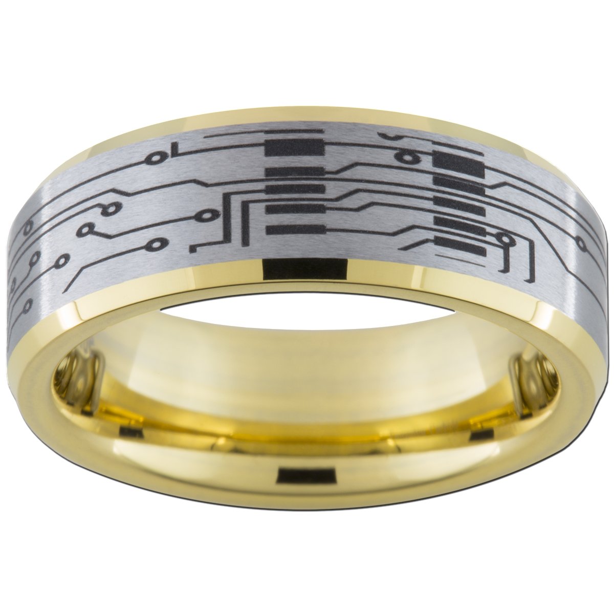 Custom Jewelry 7mm 18kt Gold Plated Tungsten Ring with Computer Circuit Pattern Stone Center Finish Full & Half Sizes 5-15 (7)